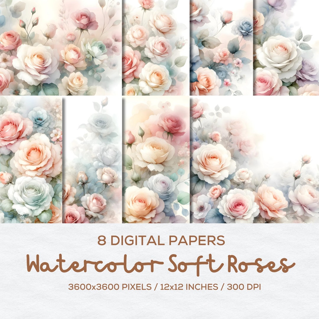 Watercolor Soft Roses Digital Paper Pack, Pastel Roses Clipart ...