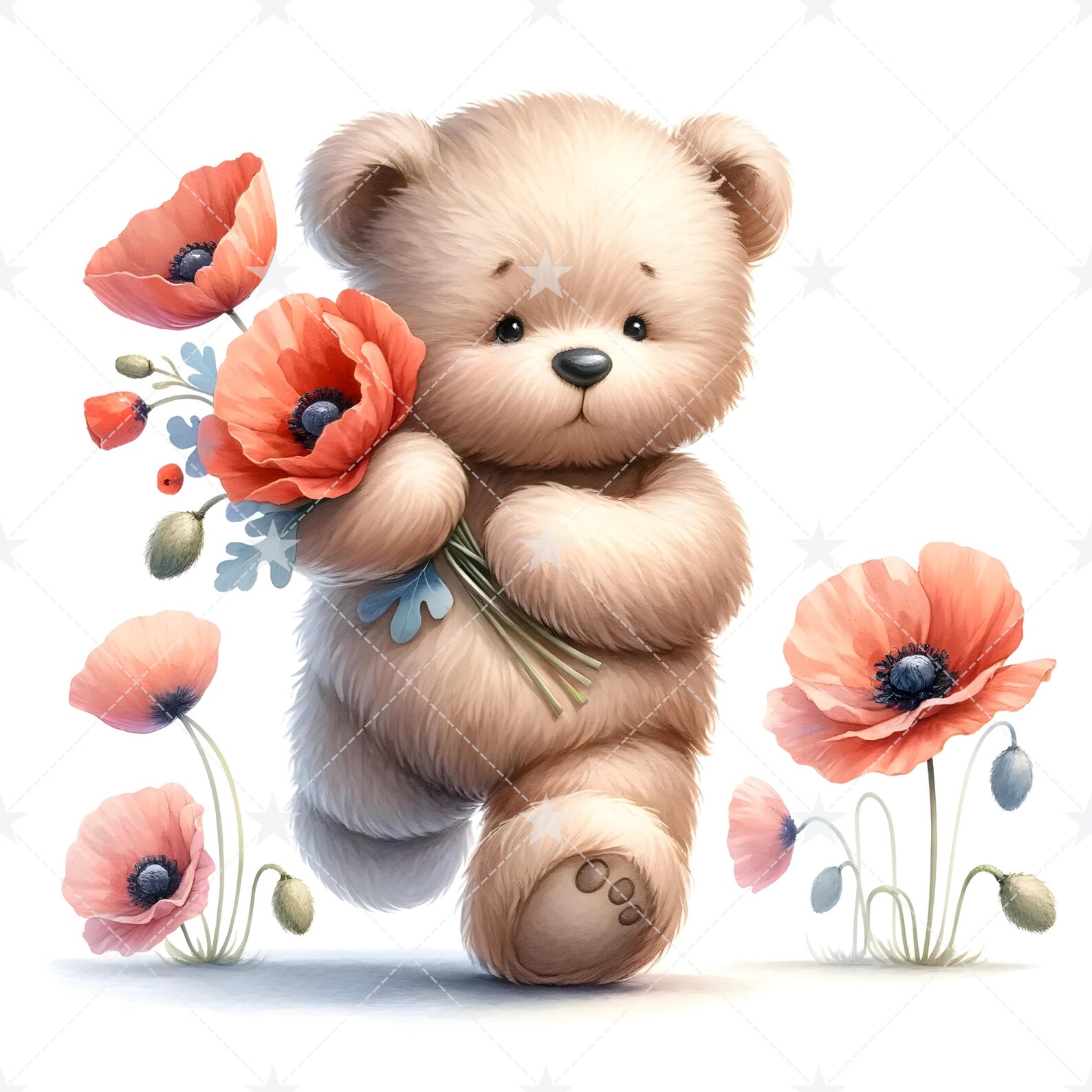 Watercolor Bear and Poppy Flowers Clipart, Cute Bear With Flower ...