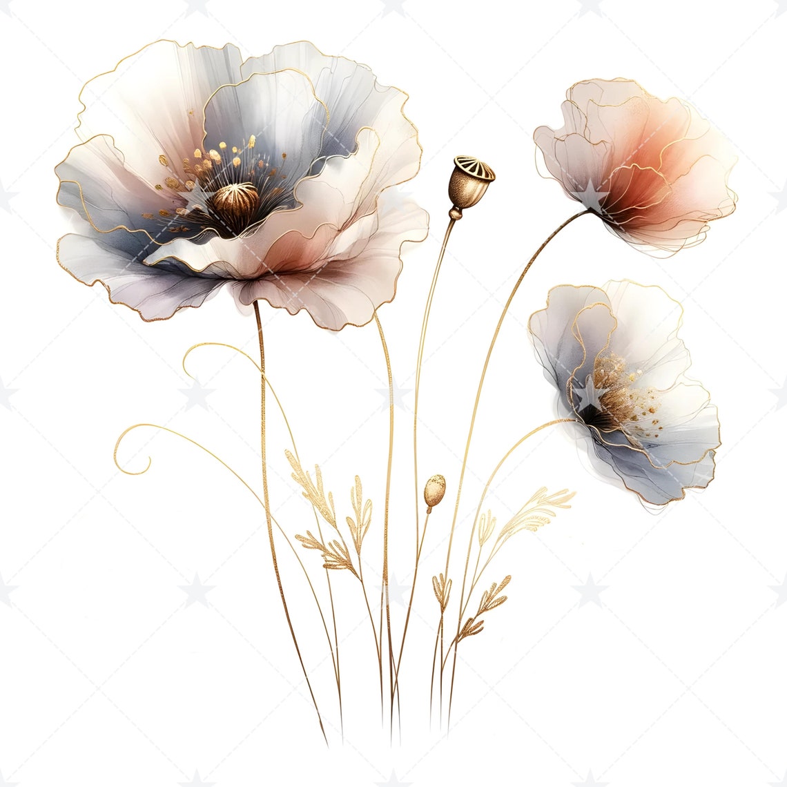 Abstract Poppy Flowers Clipart, Watercolor Flower Set, Jpgs, Floral ...
