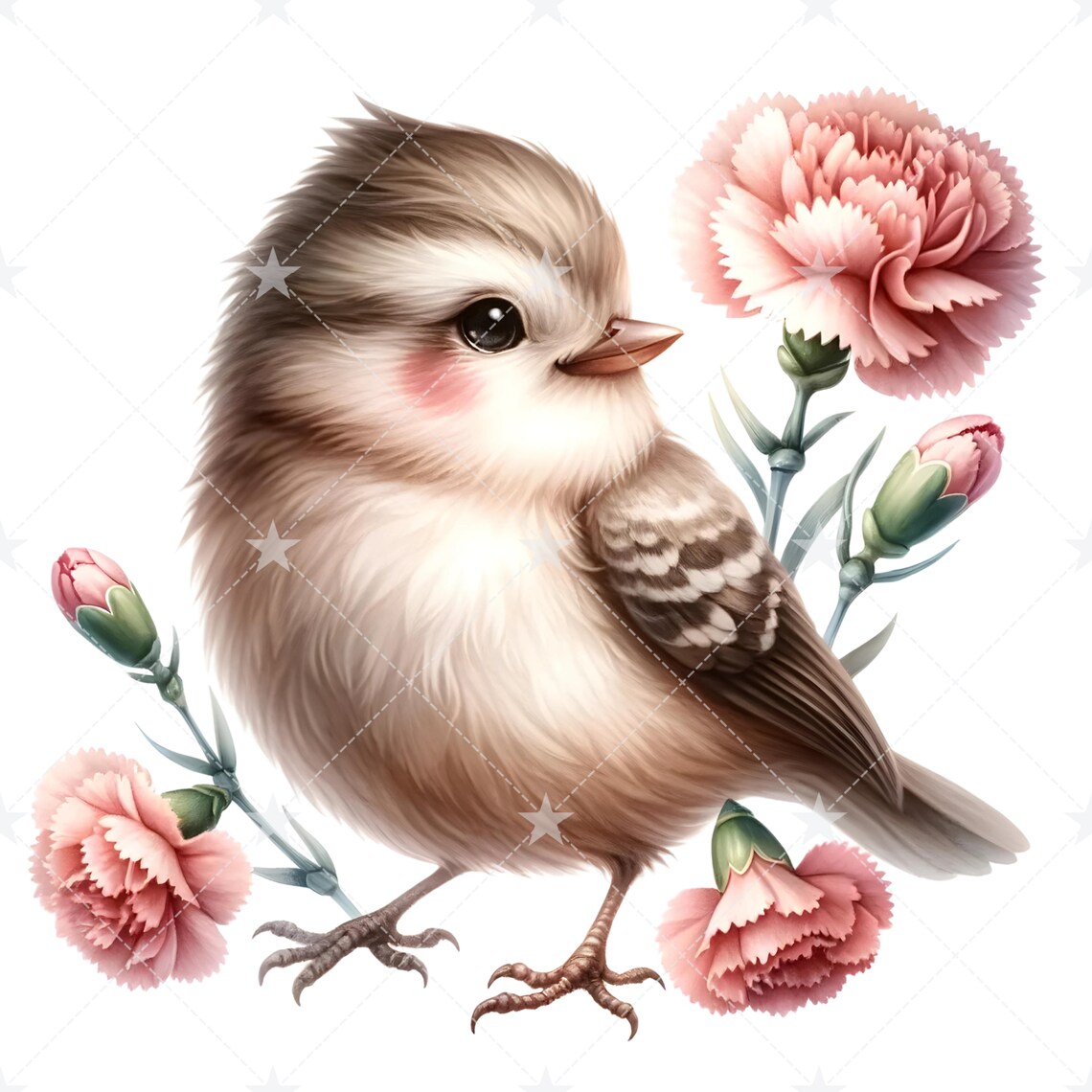 Watercolor Carnation Bird Clipart Set, Pink Floral Digital PNG, Bird ...