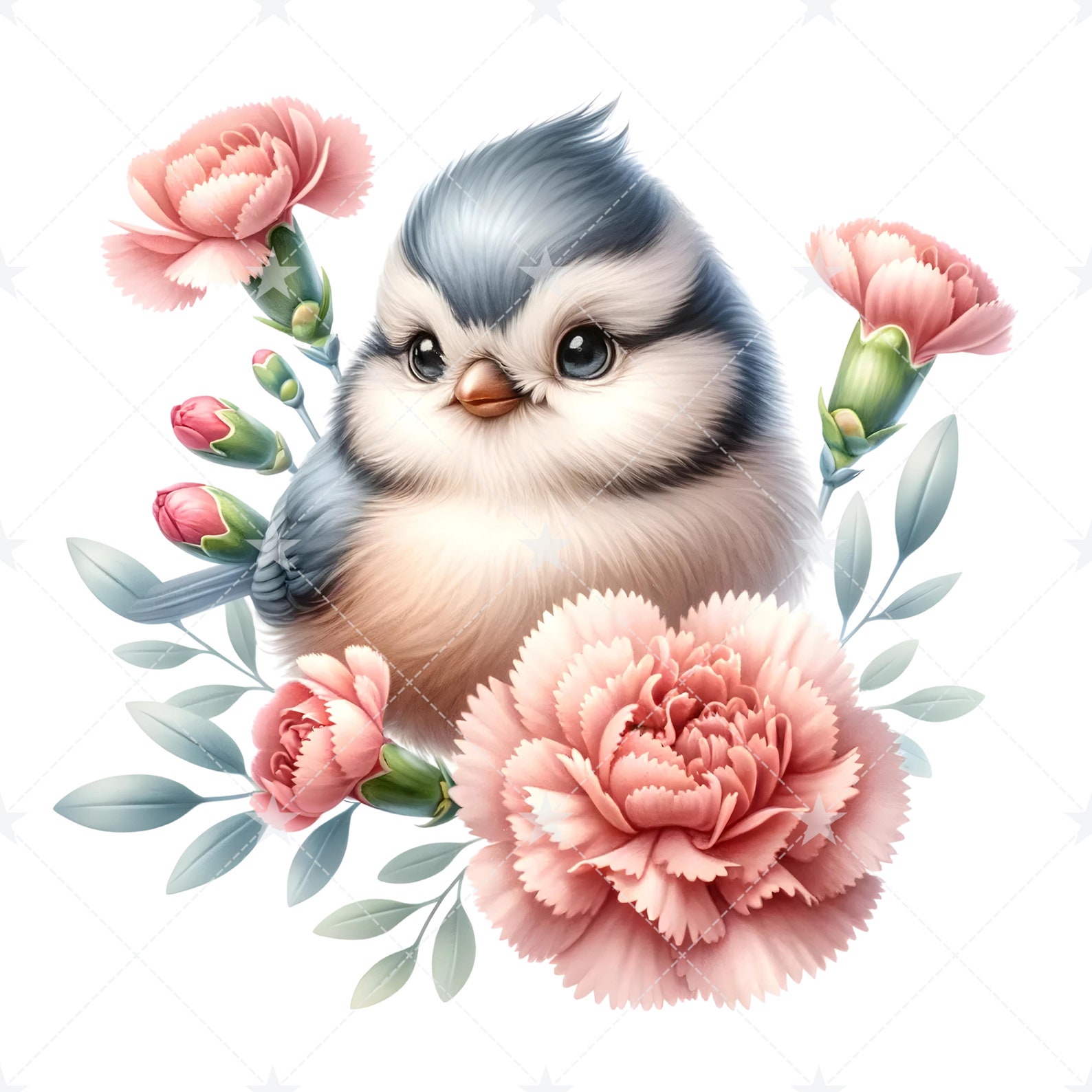 Watercolor Carnation Bird Clipart Set, Pink Floral Digital PNG, Bird ...