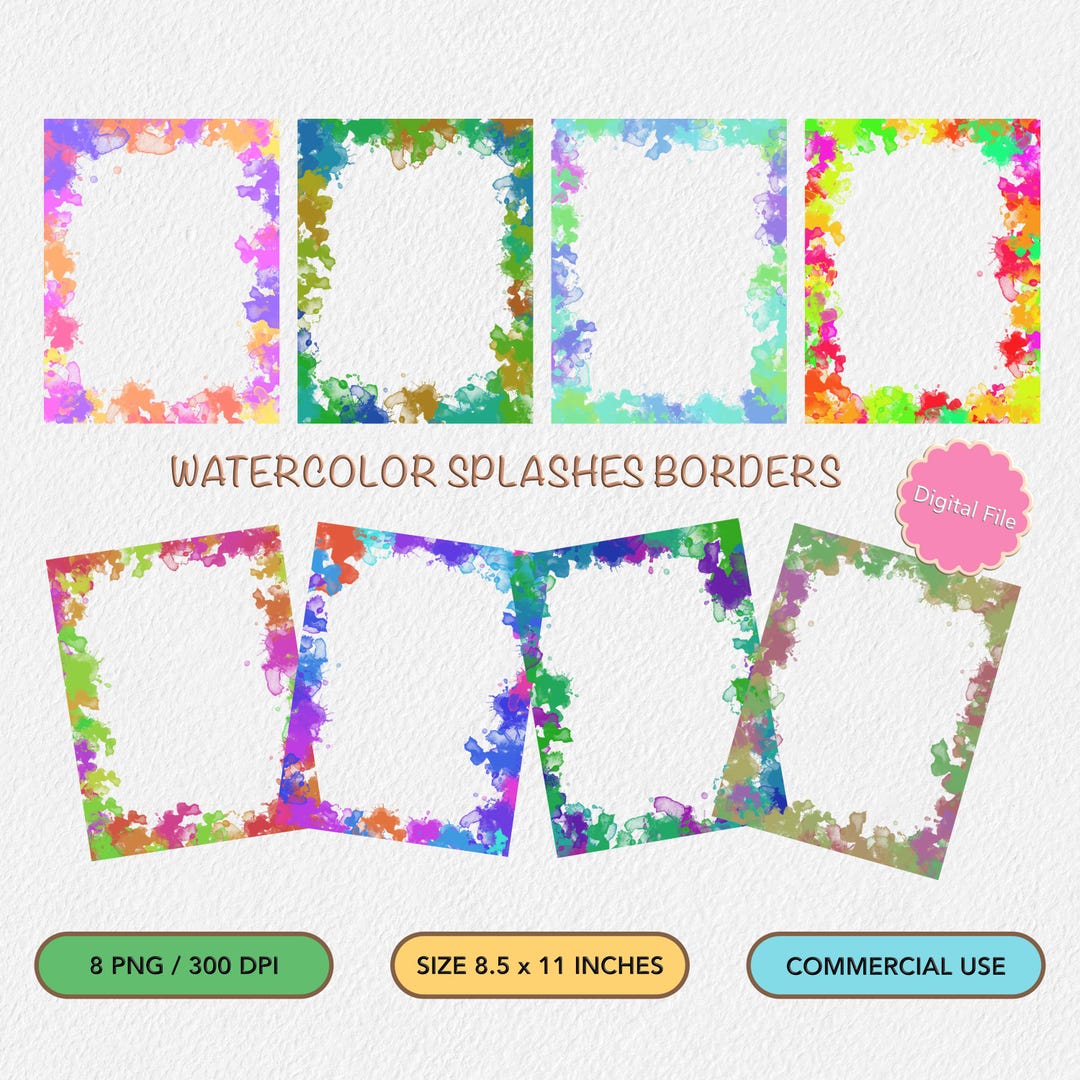 Watercolor Splashes Border Clipart, Colorful Frames (digital Download ...