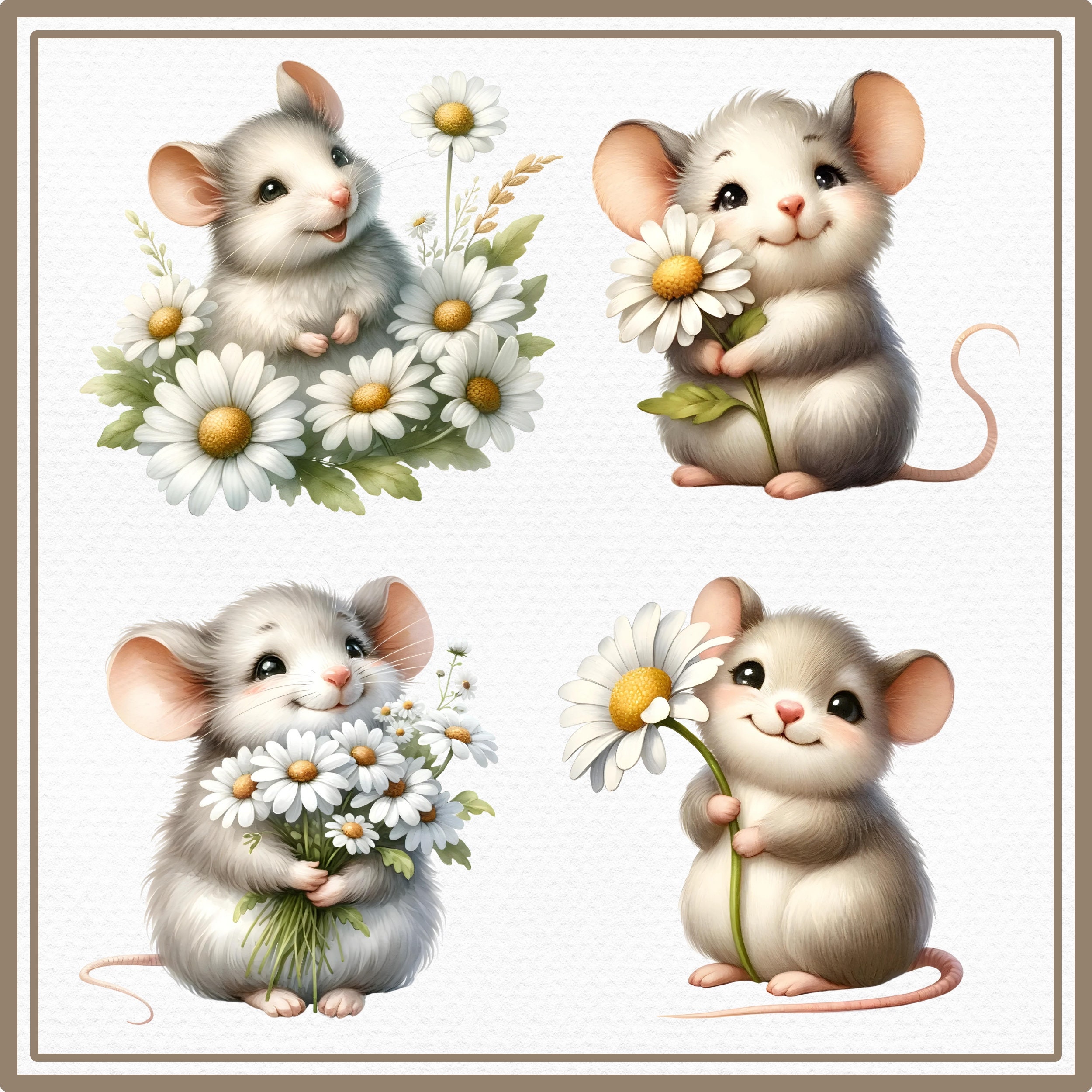 Watercolor Mouse and Daisy Flower, Cute Mouse Clipart, Floral Animal ...