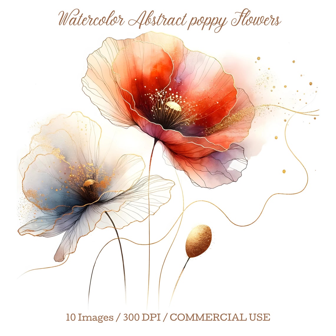 Abstract Poppy Flowers Clipart, Watercolor Flower Set, Jpgs, Floral ...