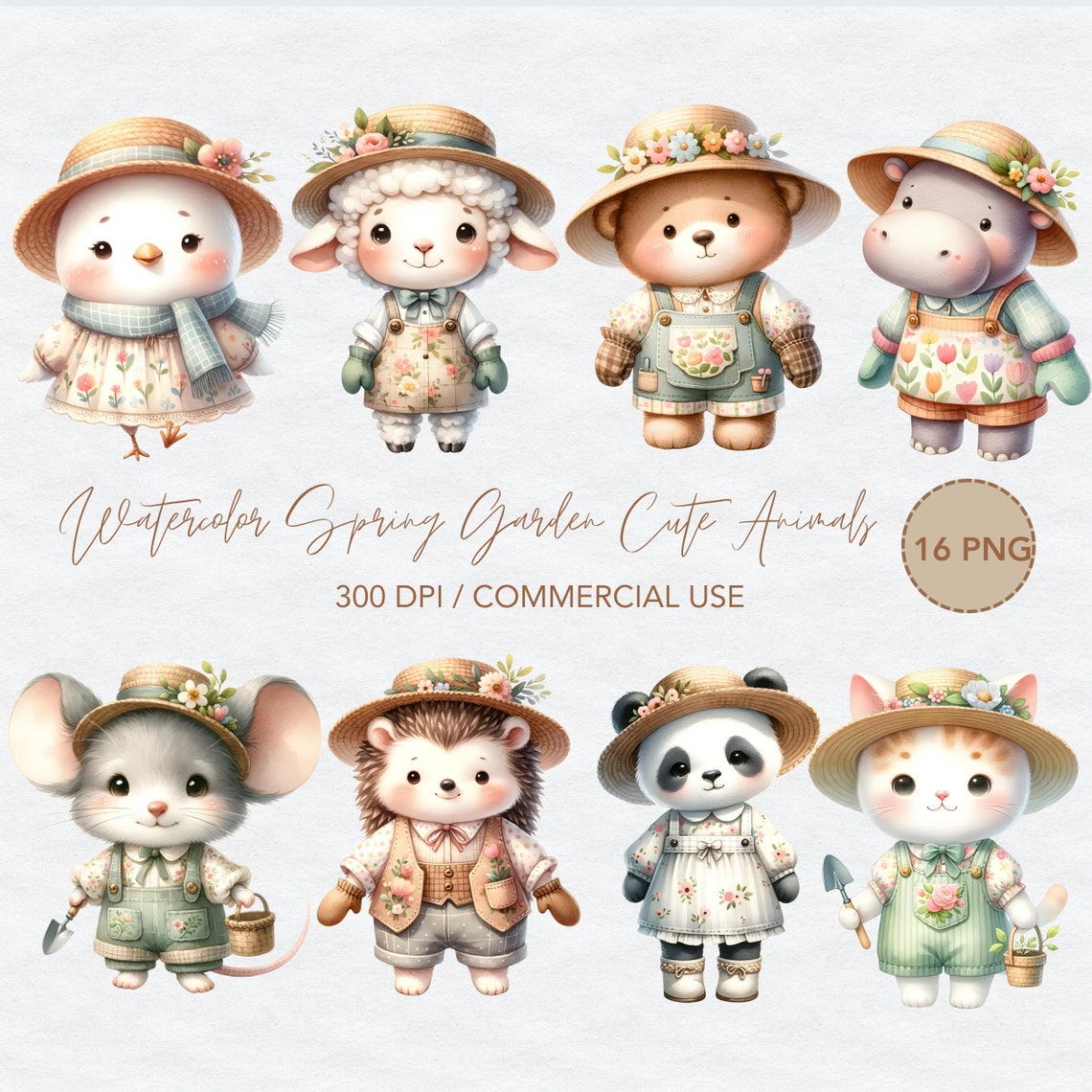 Watercolor Spring Garden Cute Animals Clipart, Bear Cat Mouse Panda ...