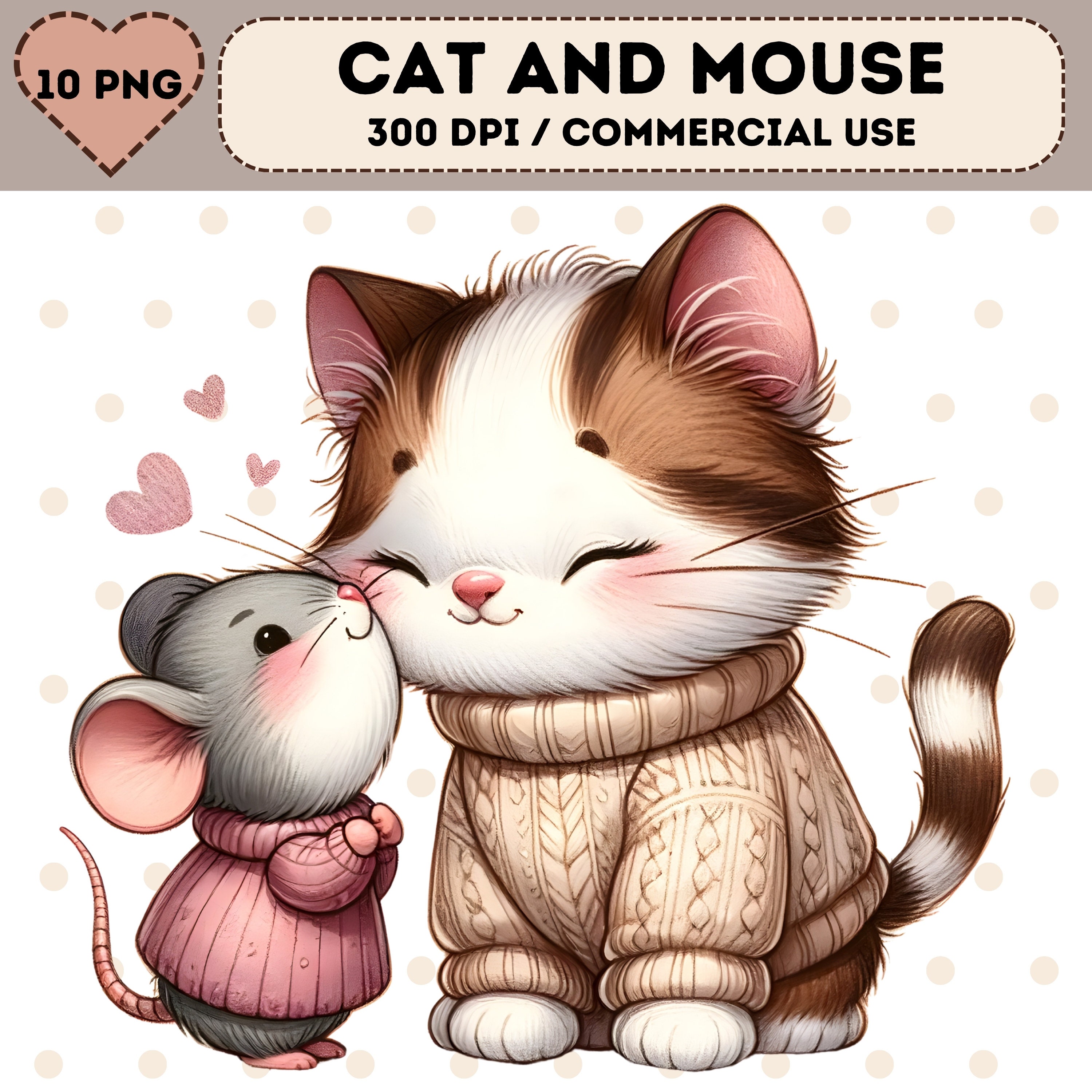 Cute Cat and Mouse Clipart, Romantic Animal PNG (digital Download) - Etsy