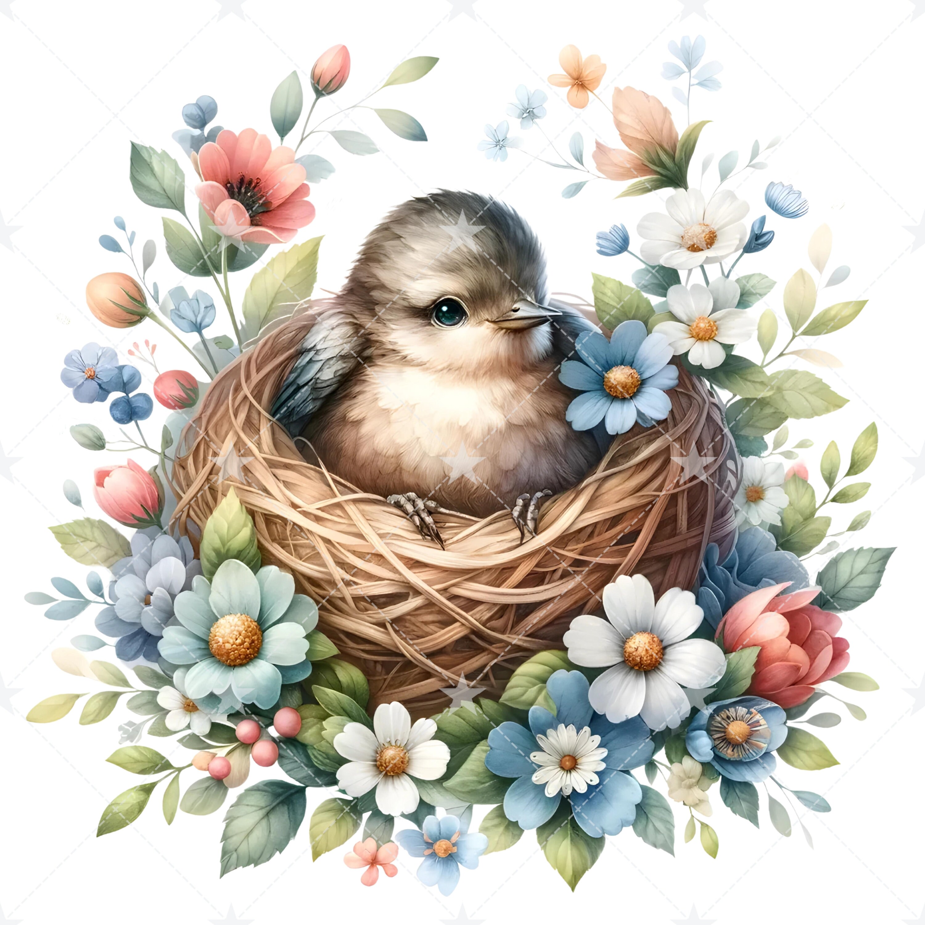 Charming Garden Bird in Floral Nest, Cute Bird Clipart, Watercolor Bird ...