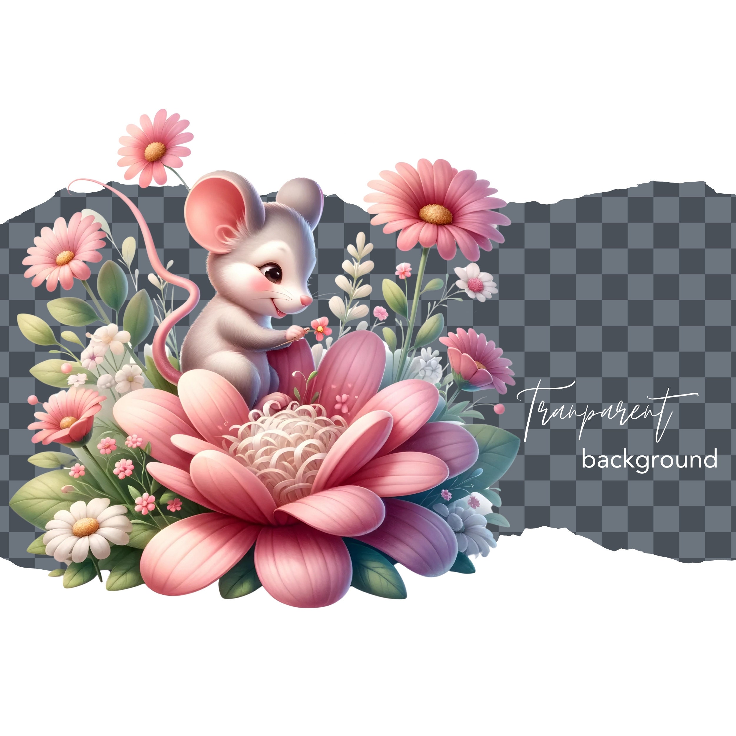 Mouse and Flower Set, Cute Digital Mouse Clipart, Floral Animal PNG ...