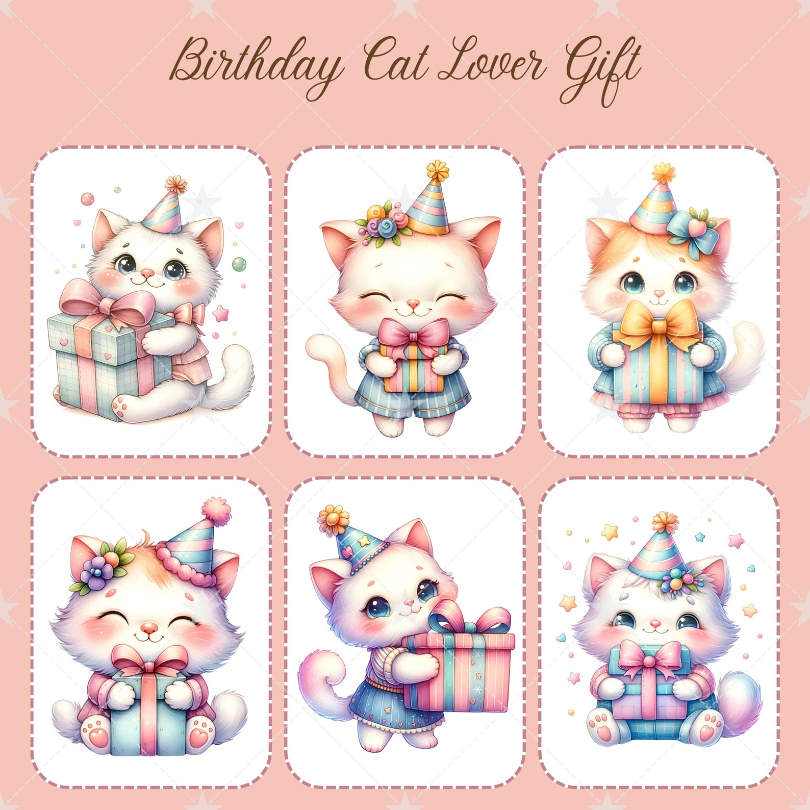 Birthday Cat Lover Gift Clipart, Cute Cat With Party Hat and Gift PNG ...
