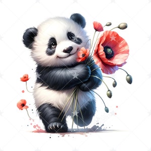 Watercolor Panda and Poppy Flowers Clipart, Cute Panda With Flower ...