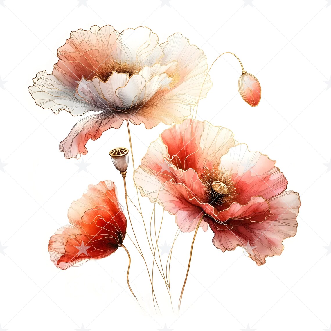 Abstract Poppy Flowers Clipart, Watercolor Flower Set, Jpgs, Floral ...