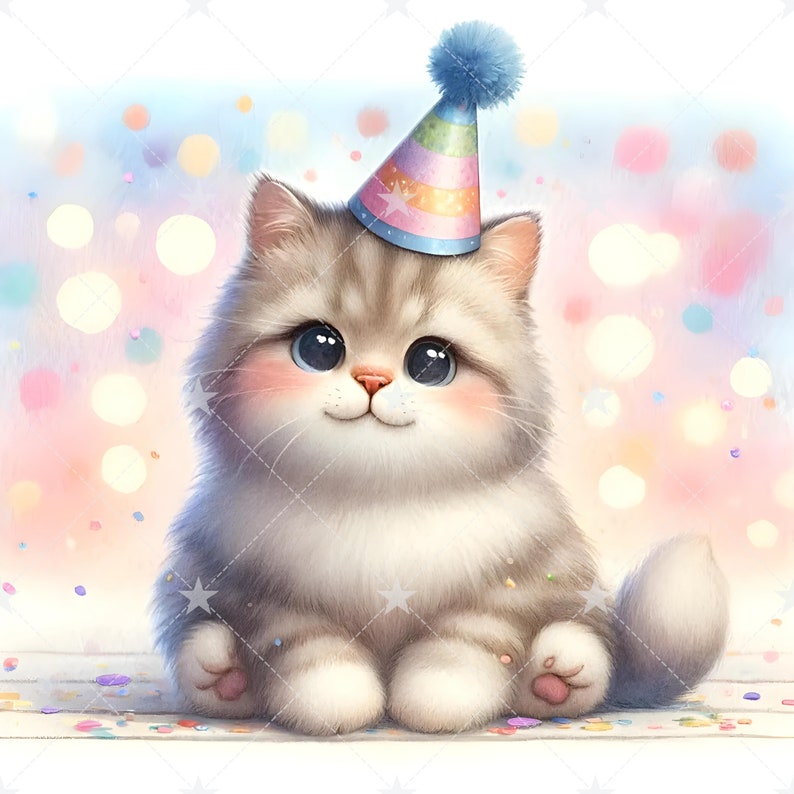 Watercolor Cat Birthday Clipart, Party Hat, Pastel Colors (digital ...