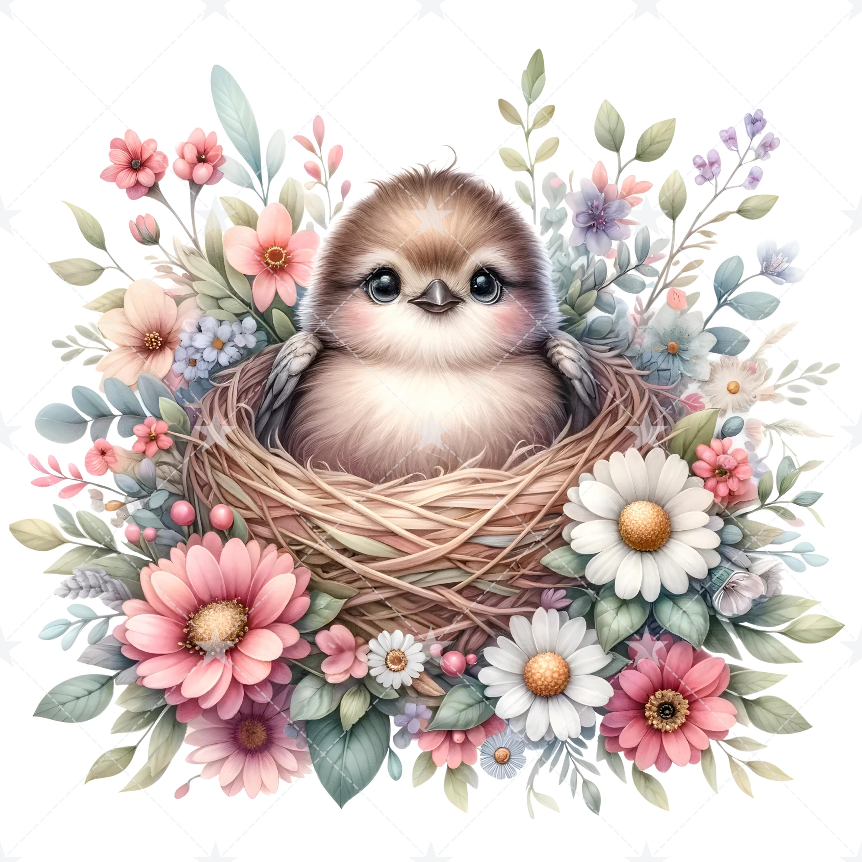 Charming Garden Bird in Floral Nest, Cute Bird Clipart, Watercolor Bird ...