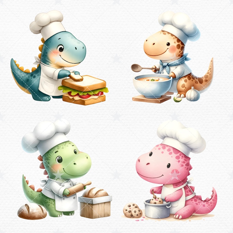 Watercolor Chef Dinosaur Clipart, Dinosaur Cooking, Cute Dinosaur ...