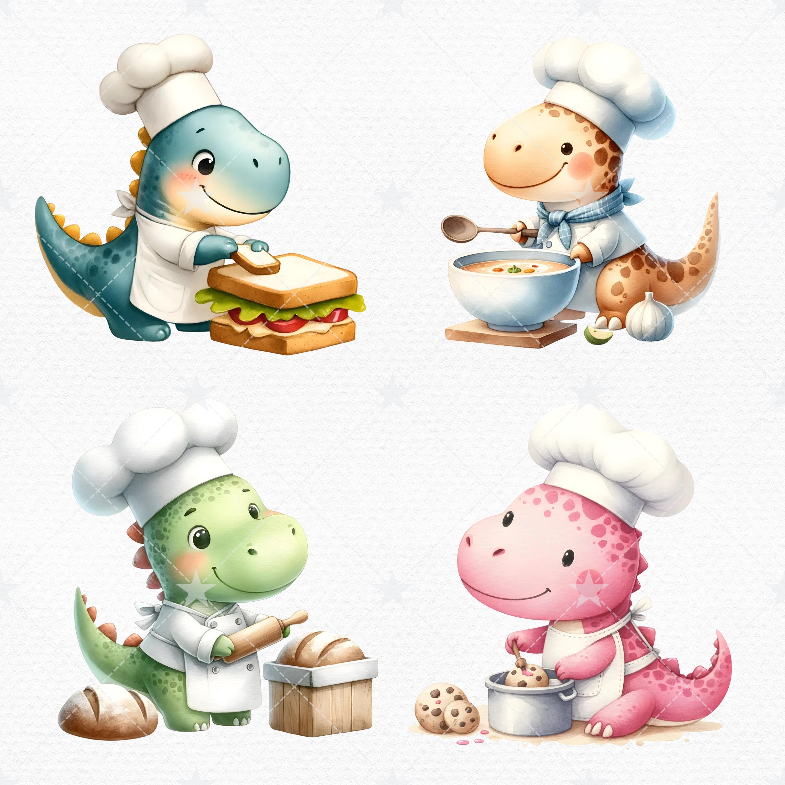 Watercolor Chef Dinosaur Clipart, Dinosaur Cooking, Cute Dinosaur ...