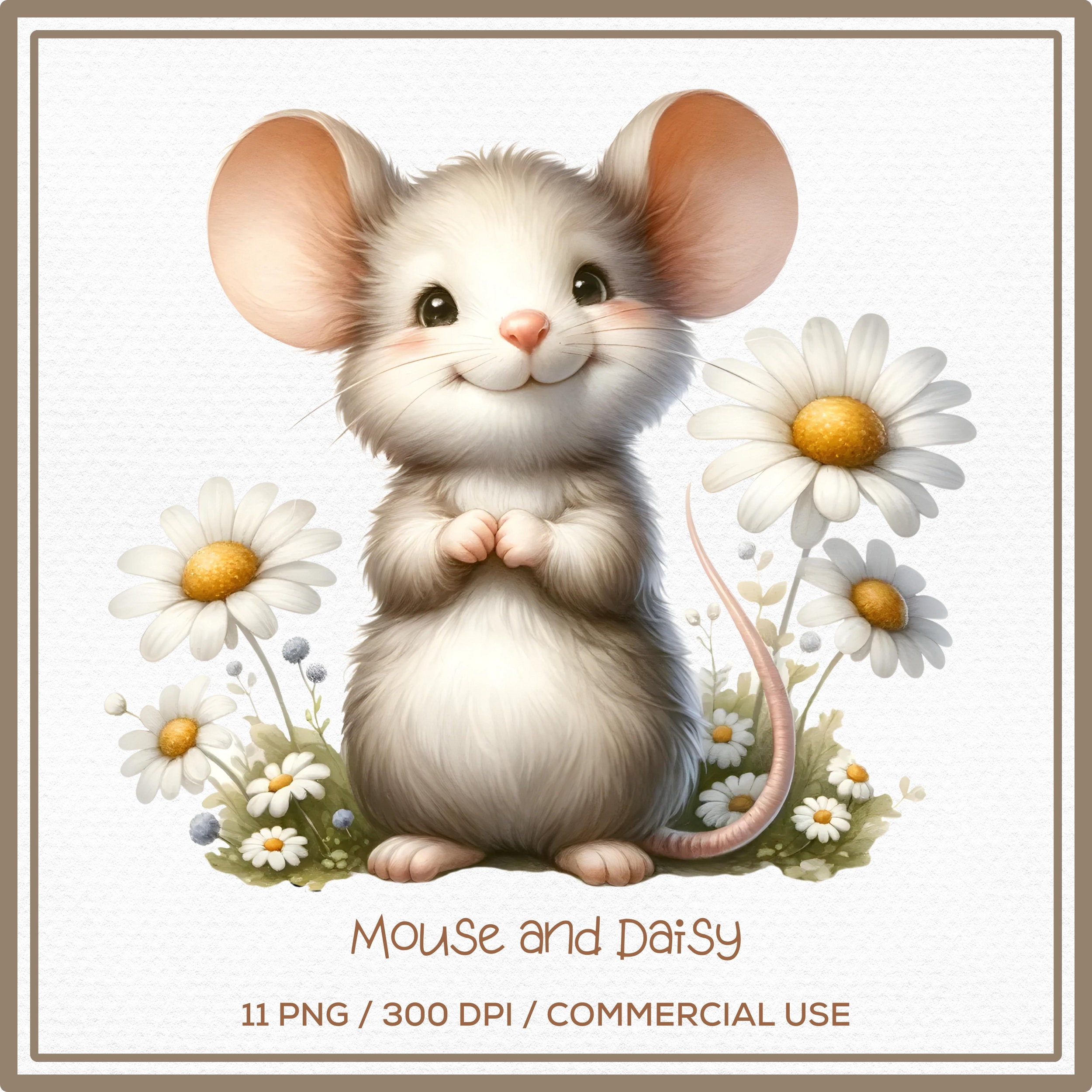 Watercolor Mouse and Daisy Flower, Cute Mouse Clipart, Floral Animal ...