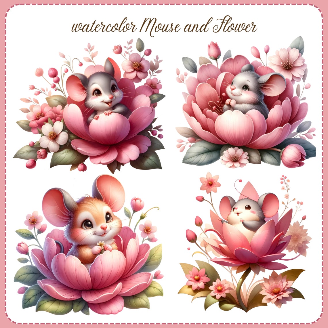 Mouse and Flower Set, Cute Digital Mouse Clipart, Floral Animal PNG ...