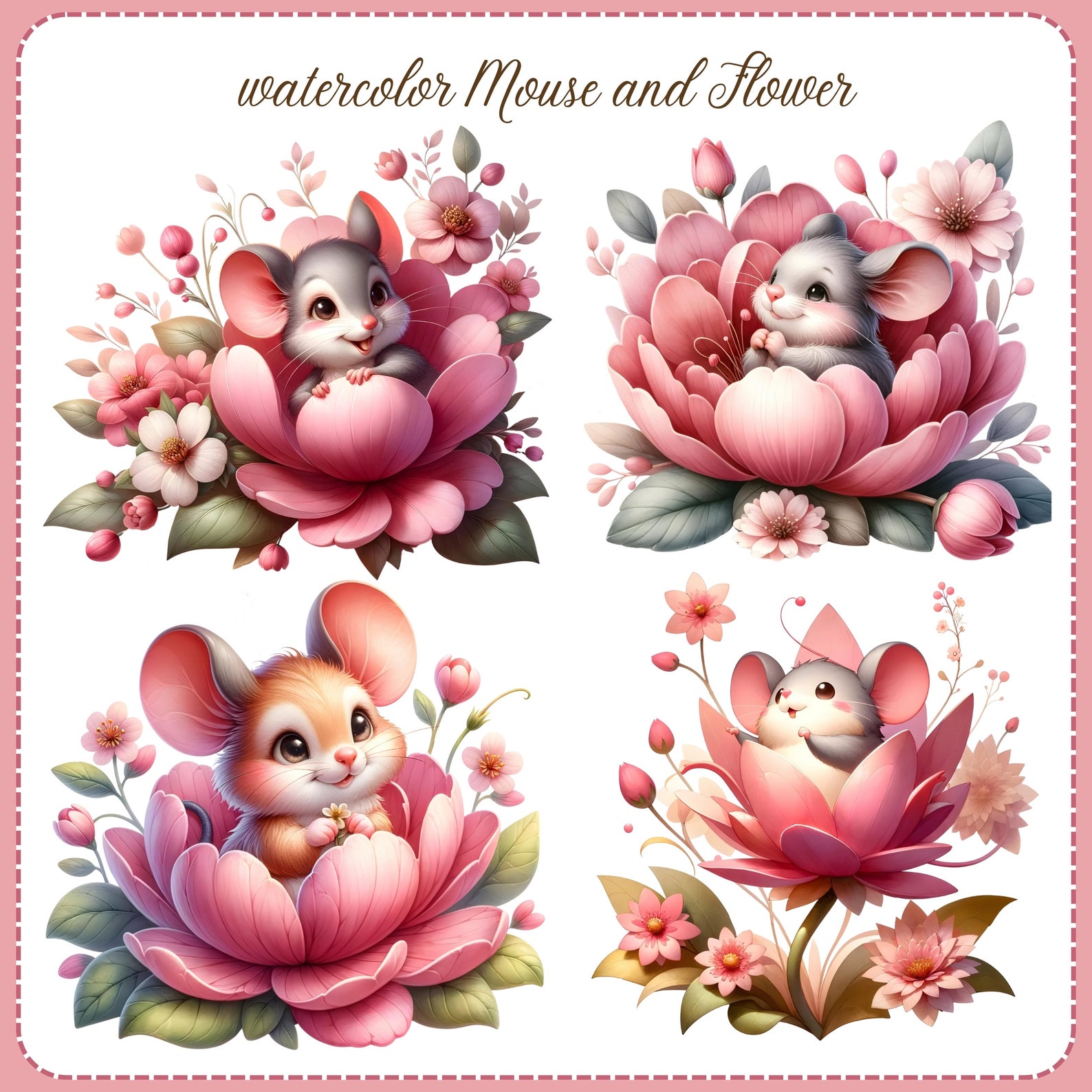 Mouse and Flower Set, Cute Digital Mouse Clipart, Floral Animal PNG ...