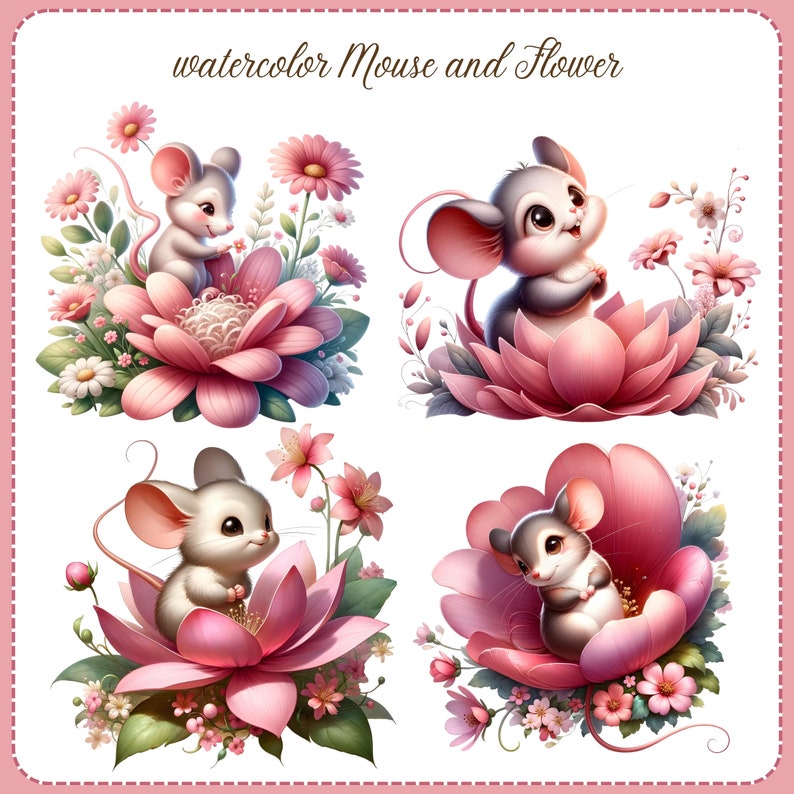 Mouse and Flower Set, Cute Digital Mouse Clipart, Floral Animal PNG ...