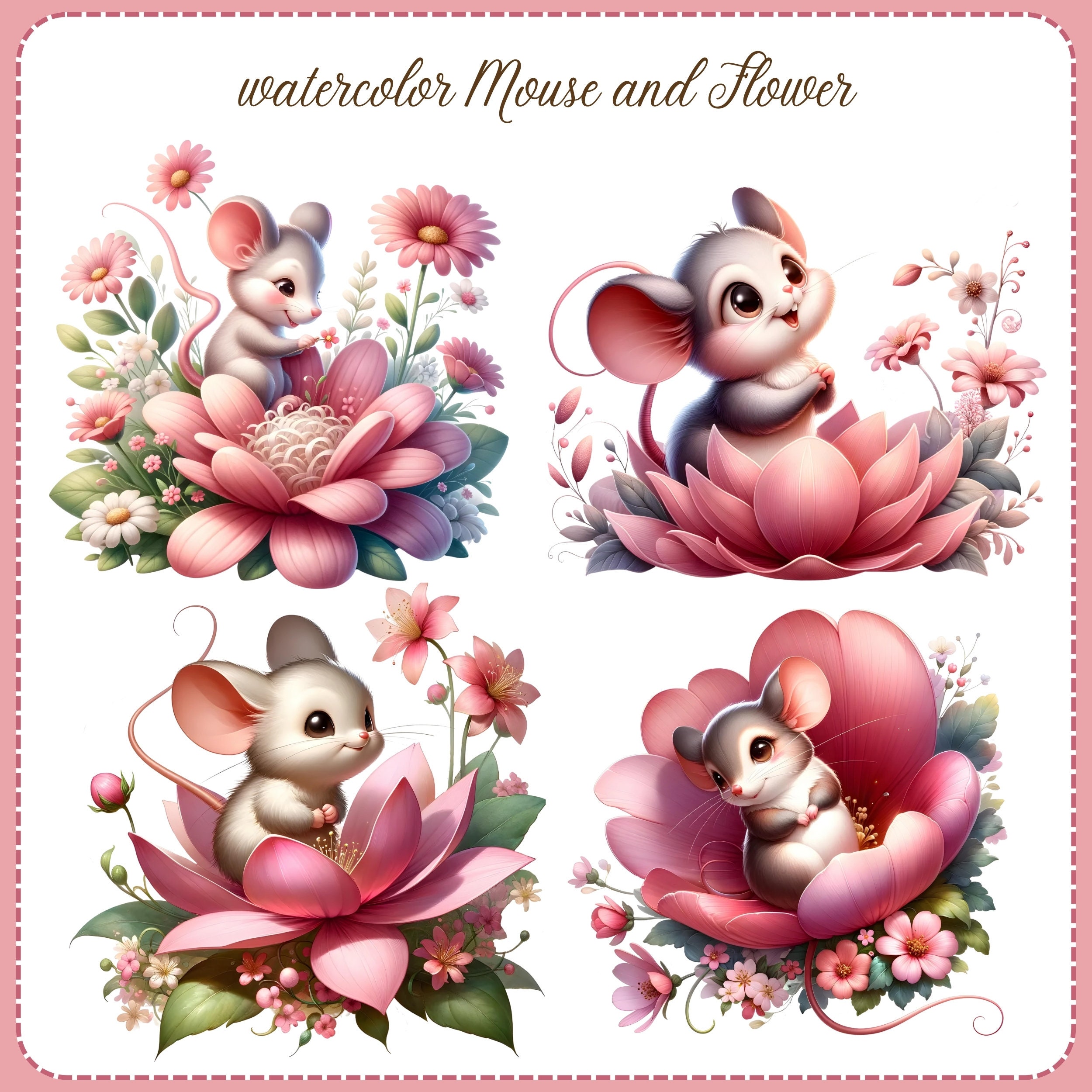 Mouse and Flower Set, Cute Digital Mouse Clipart, Floral Animal PNG ...