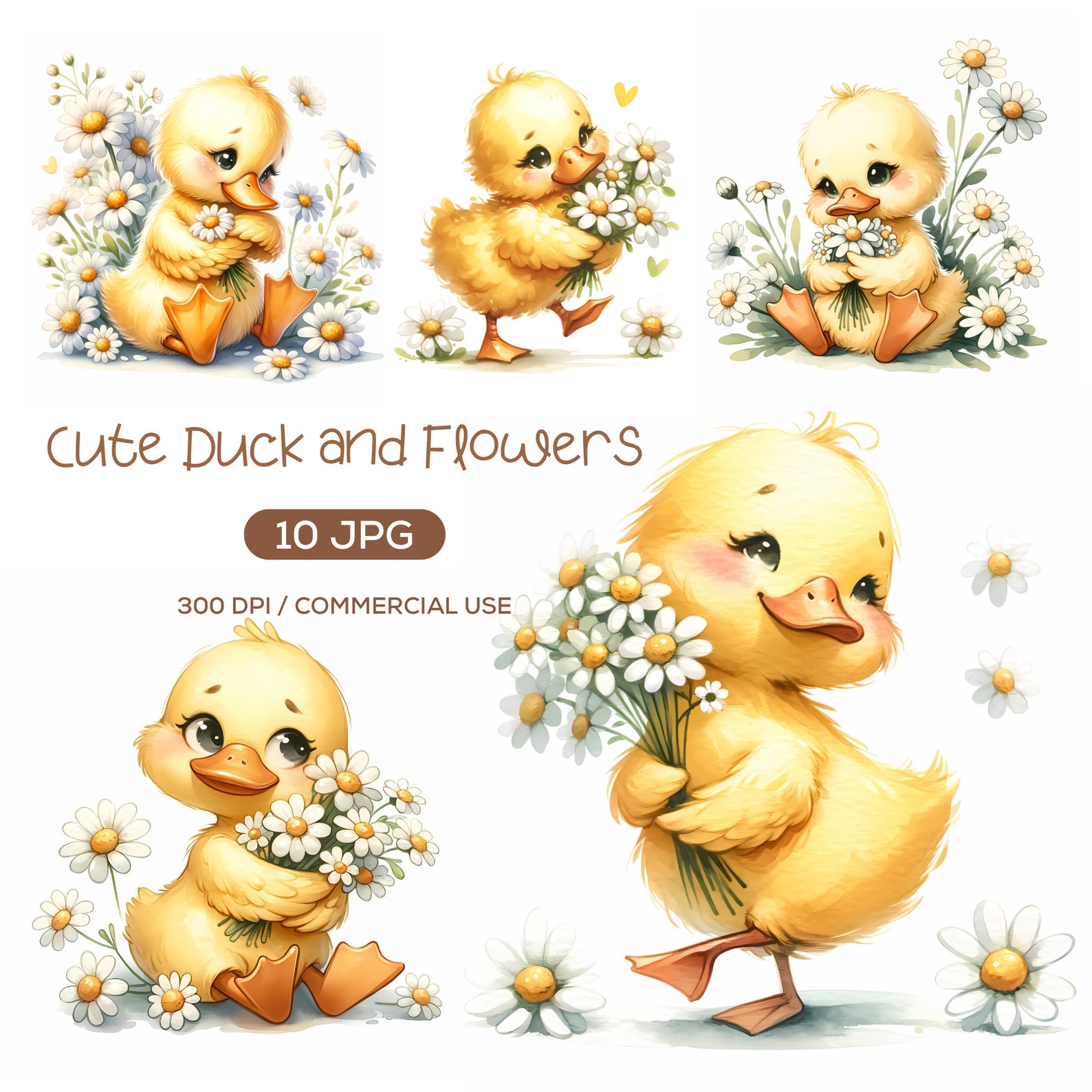 Watercolor Duck Clipart: Daisy Bouquet, Floral Animal (digital Download ...