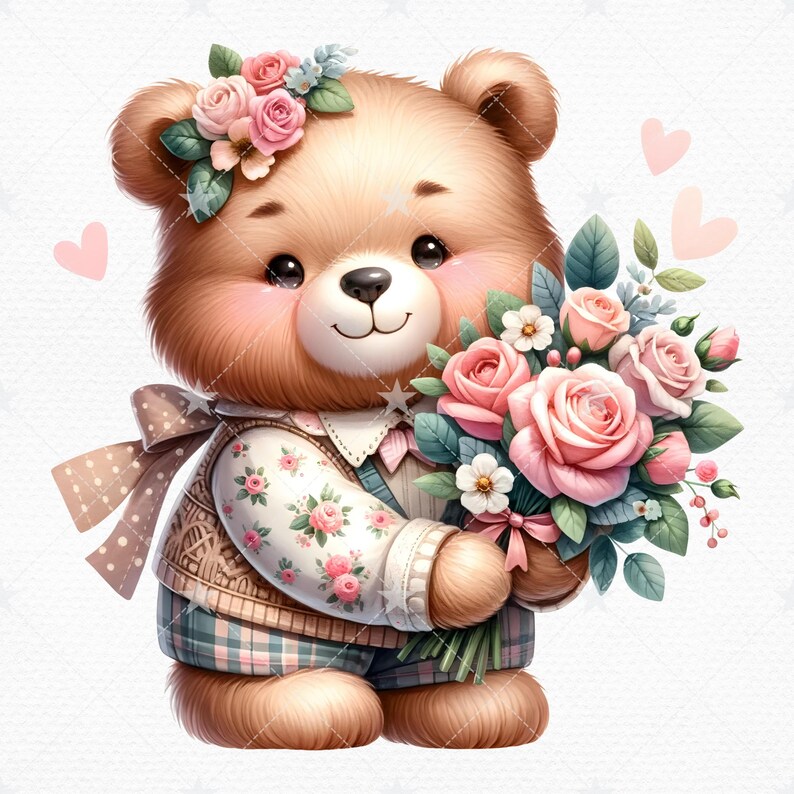 Watercolor Bear and Rose Flowers, Cute Bear Clipart, Floral Animal ...