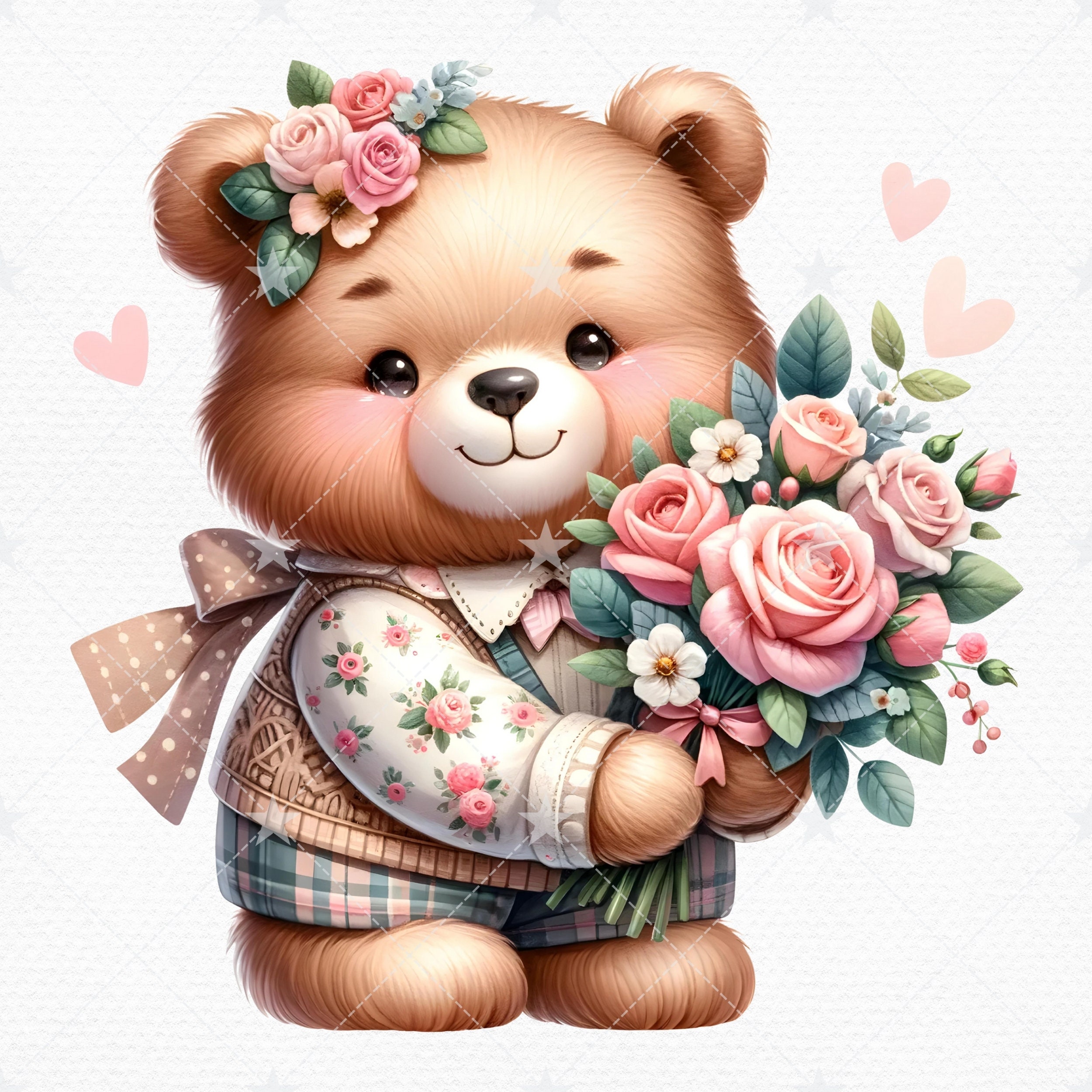 Watercolor Bear and Rose Flowers, Cute Bear Clipart, Floral Animal ...