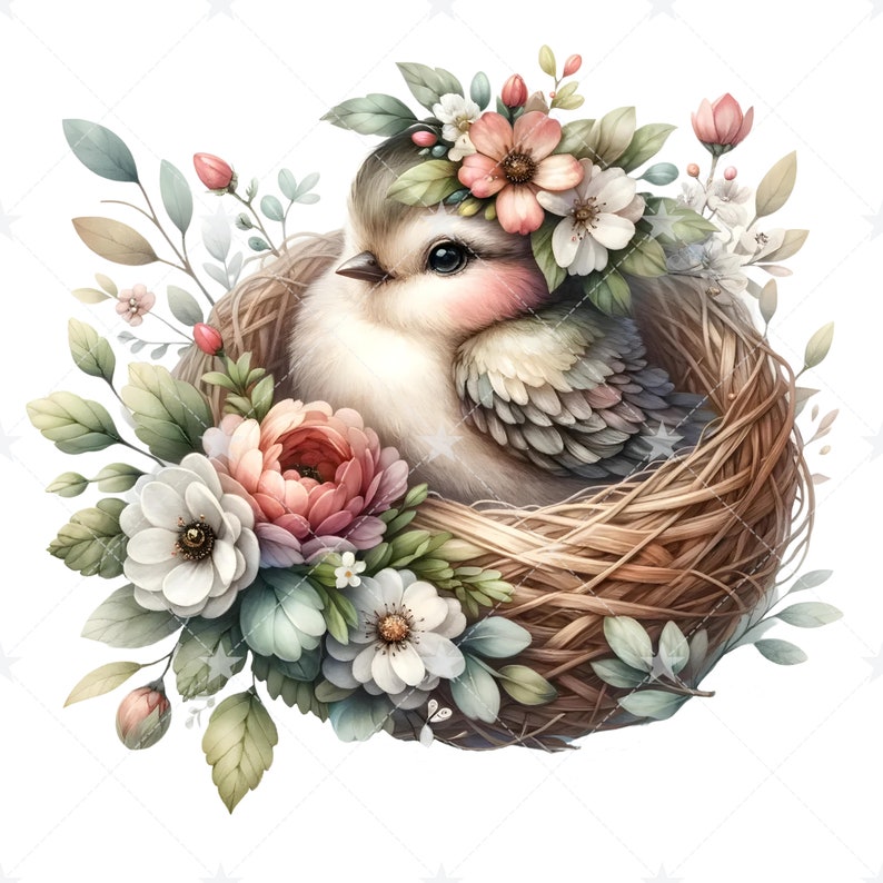 Charming Garden Bird in Floral Nest, Cute Bird Clipart, Watercolor Bird ...