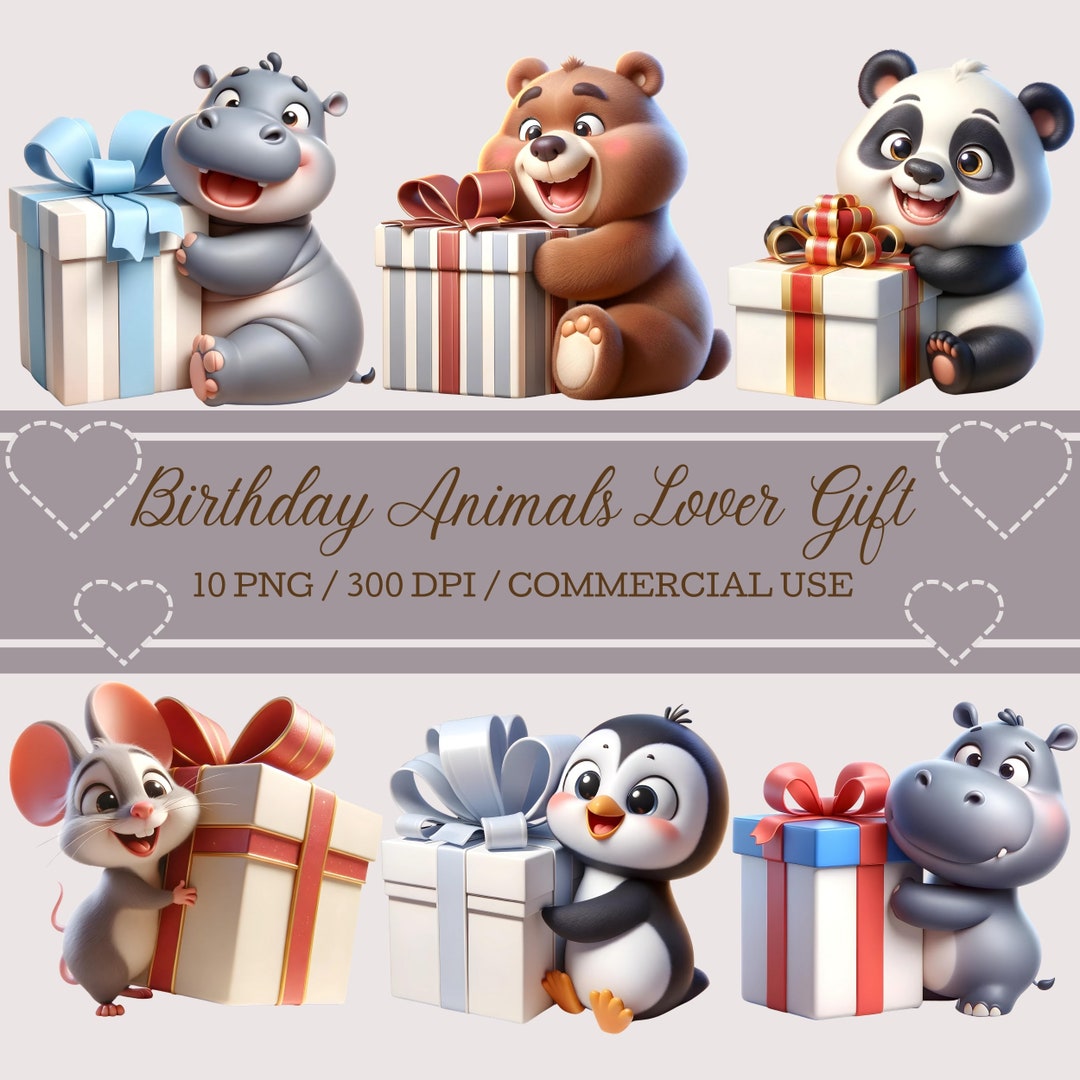 Birthday Animal Clipart Set, Cute Cartoon Party Animals With Presents ...