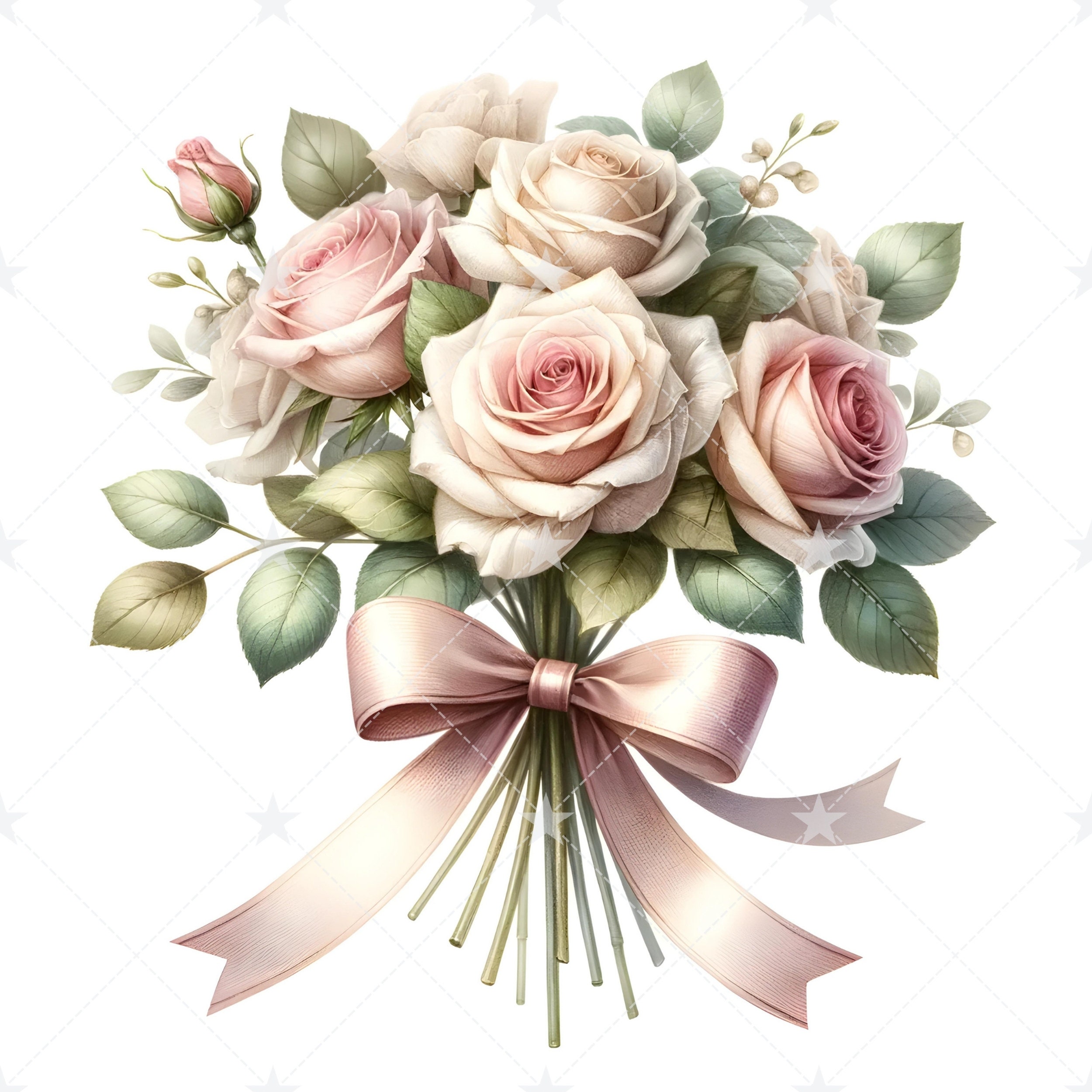 Watercolor White and Pink Roses Bouquet Clipart, 10 JPG Images, Flowers ...