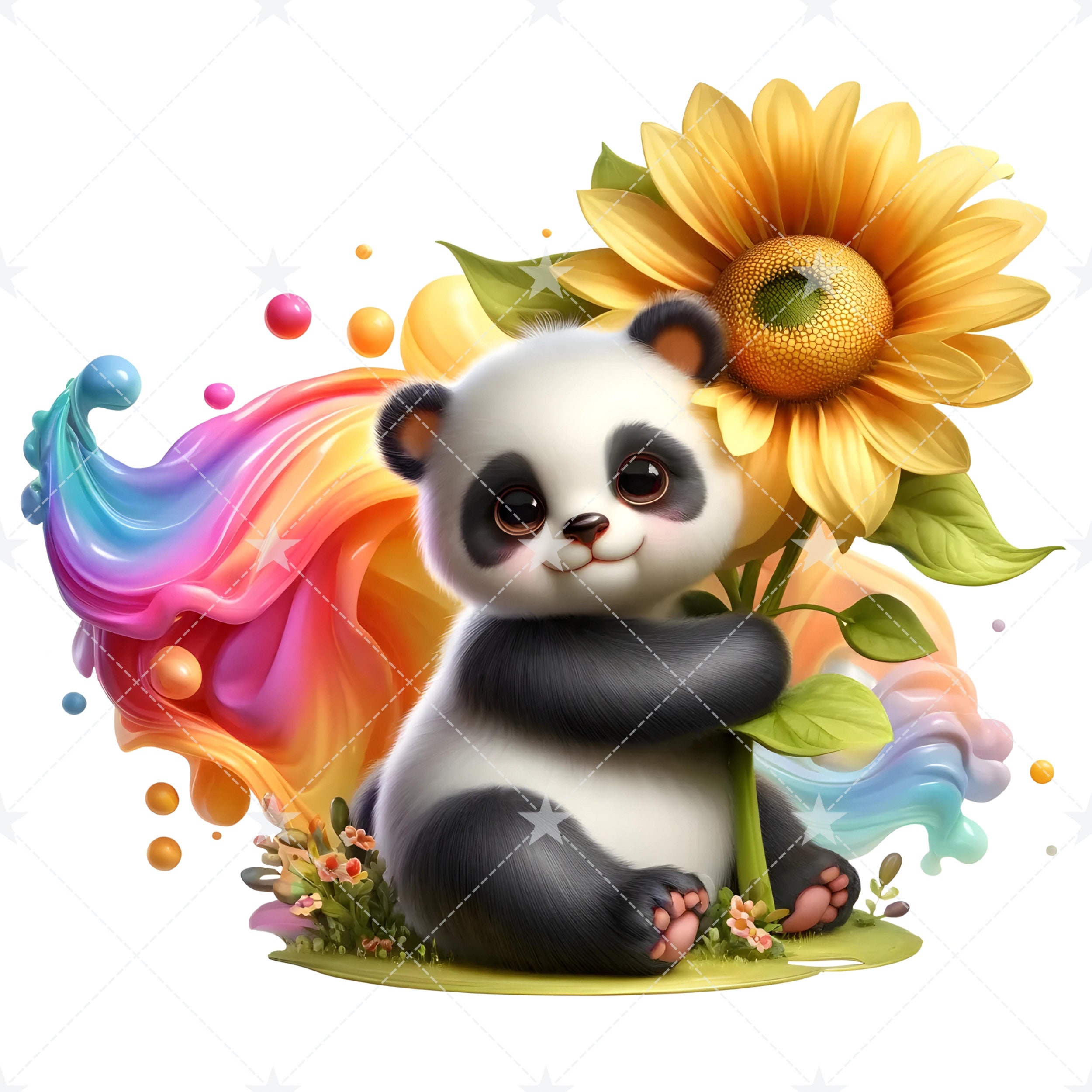 Watercolor Cute Panda With Sunflower PNG Clipart, Panda Bear and Floral ...