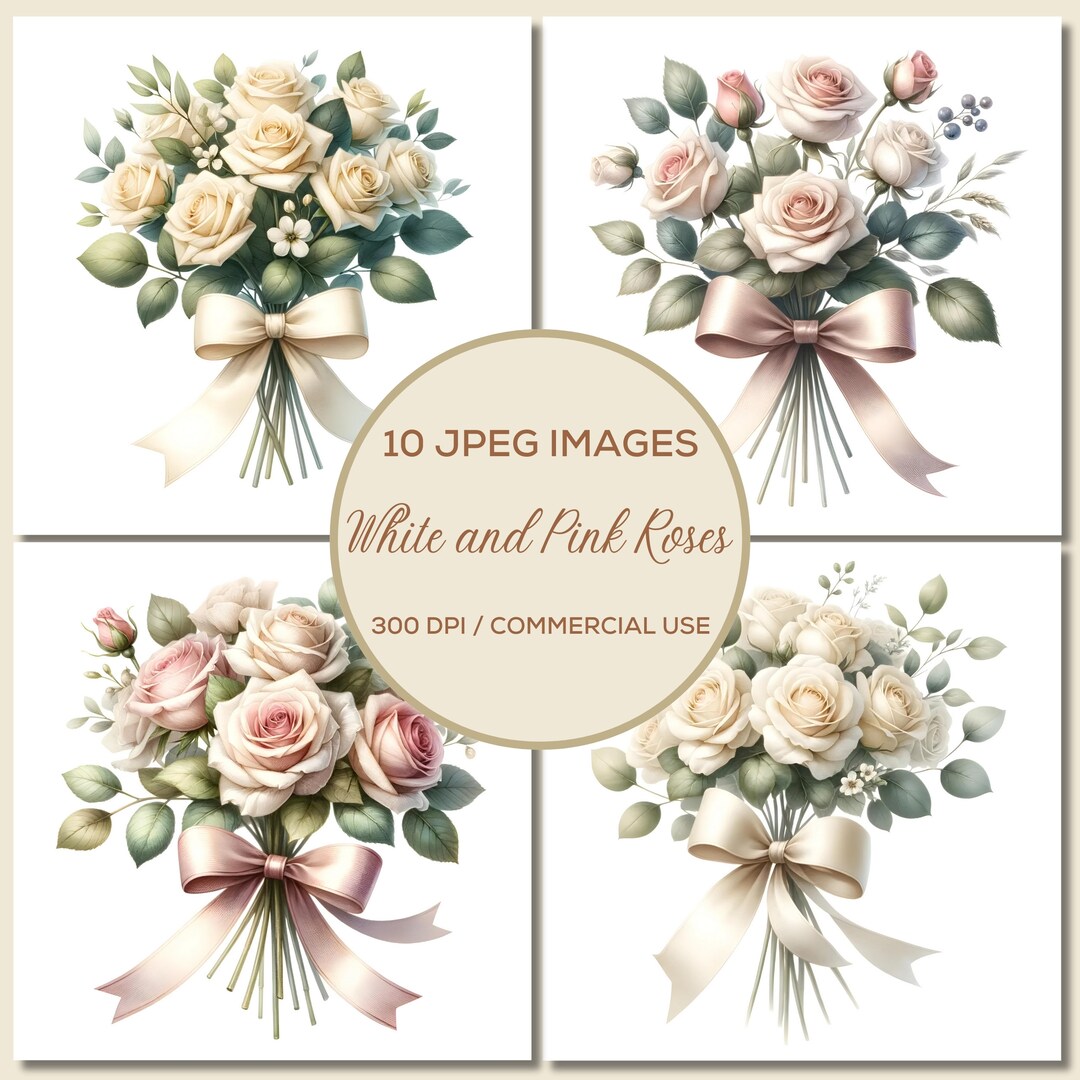 Watercolor White and Pink Roses Bouquet Clipart, 10 JPG Images, Flowers ...