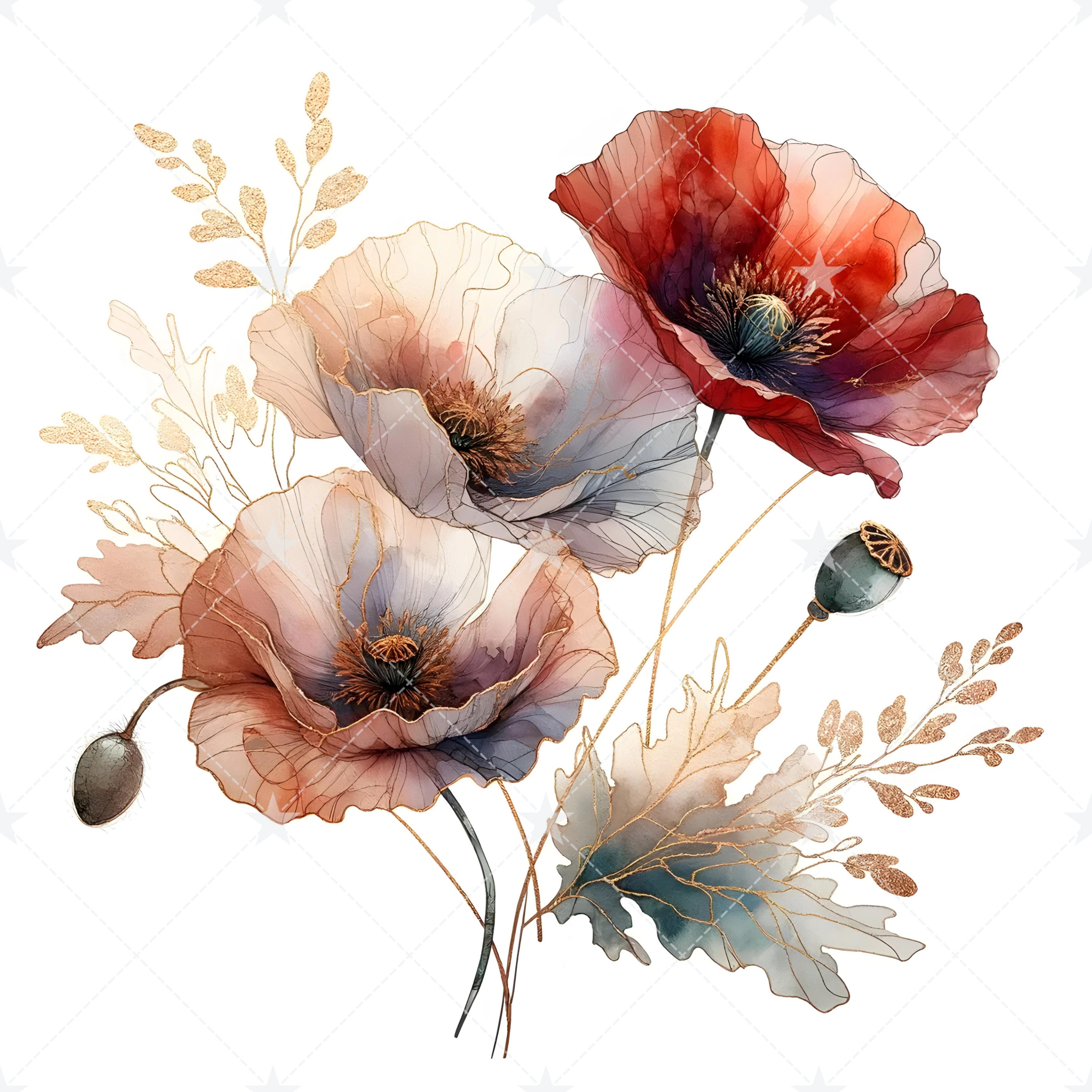 Abstract Poppy Flowers Clipart, Watercolor Flower Set, Jpgs, Floral ...