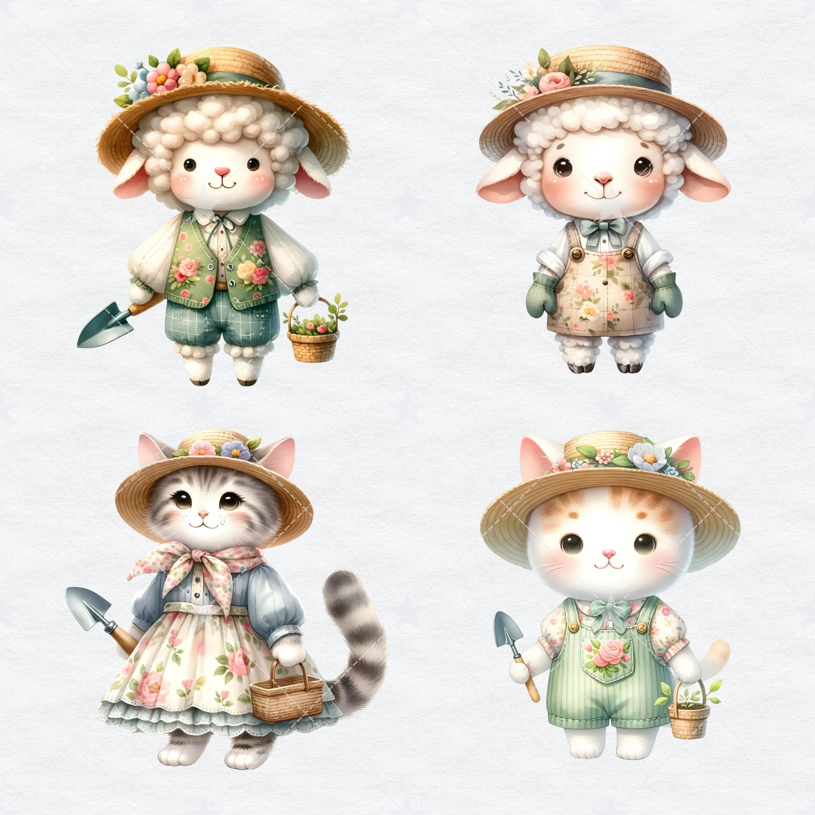 Watercolor Spring Garden Cute Animals Clipart, Bear Cat Mouse Panda ...