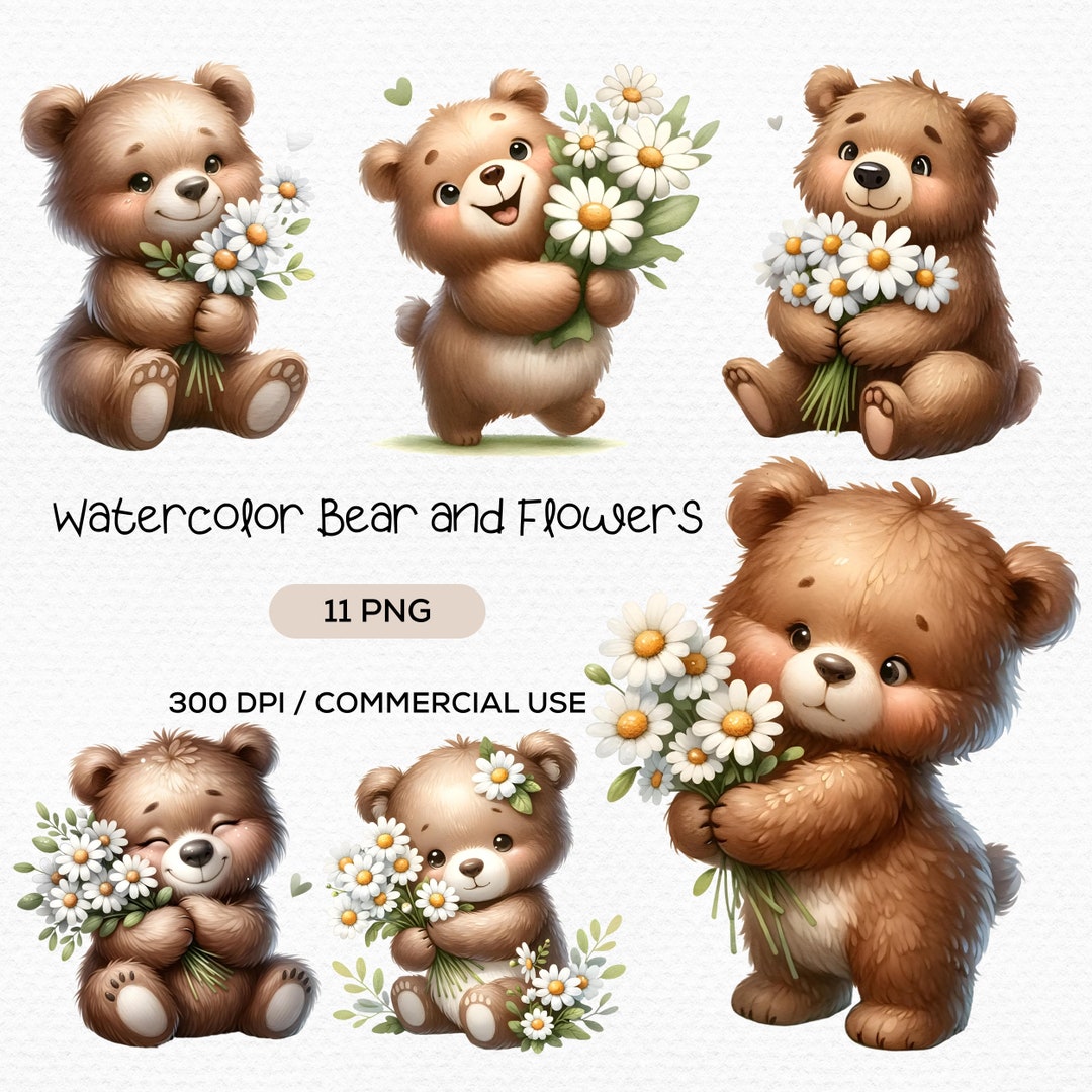Watercolor Bear and Daisy Flowers, Cute Bear Clipart, Floral Animal ...