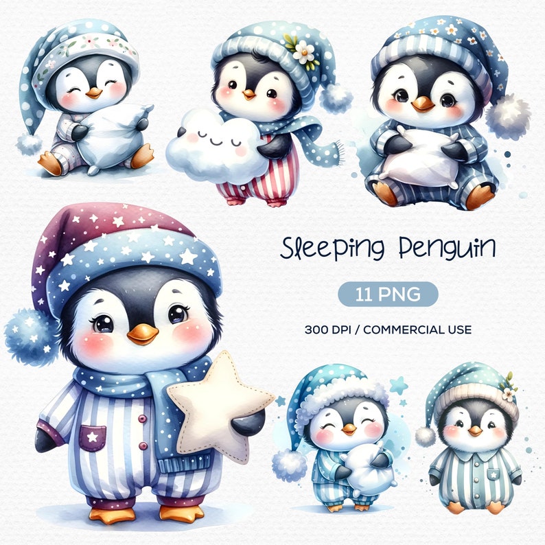 Watercolor Sleeping Penguin PNG Clipart, Cute Penguin Love Pajamas and ...