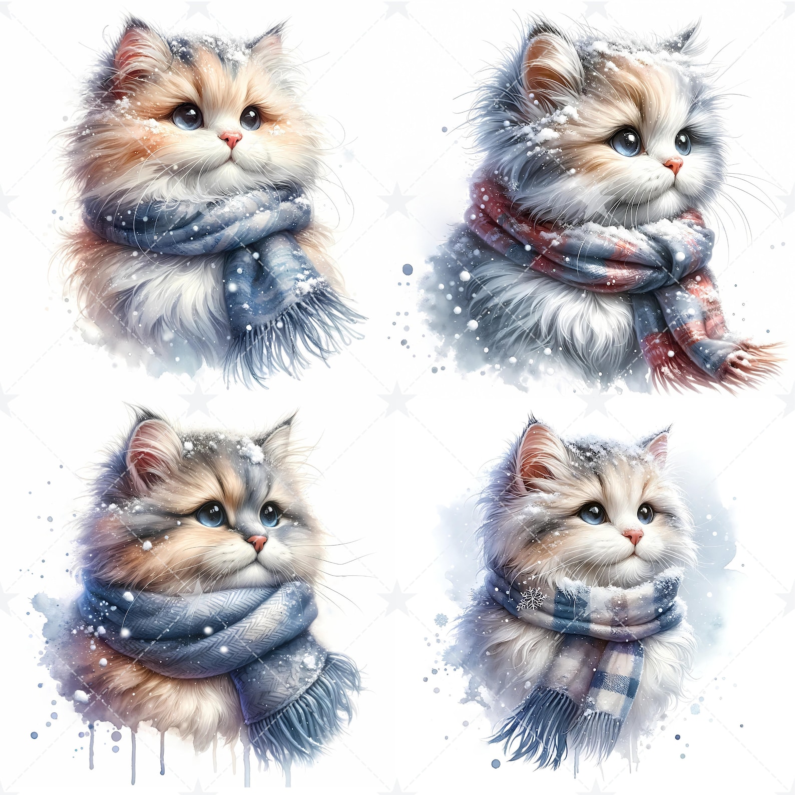 Watercolor Winter Cat Clipart, Cute Cat With Scarf and Snow, Christmas ...