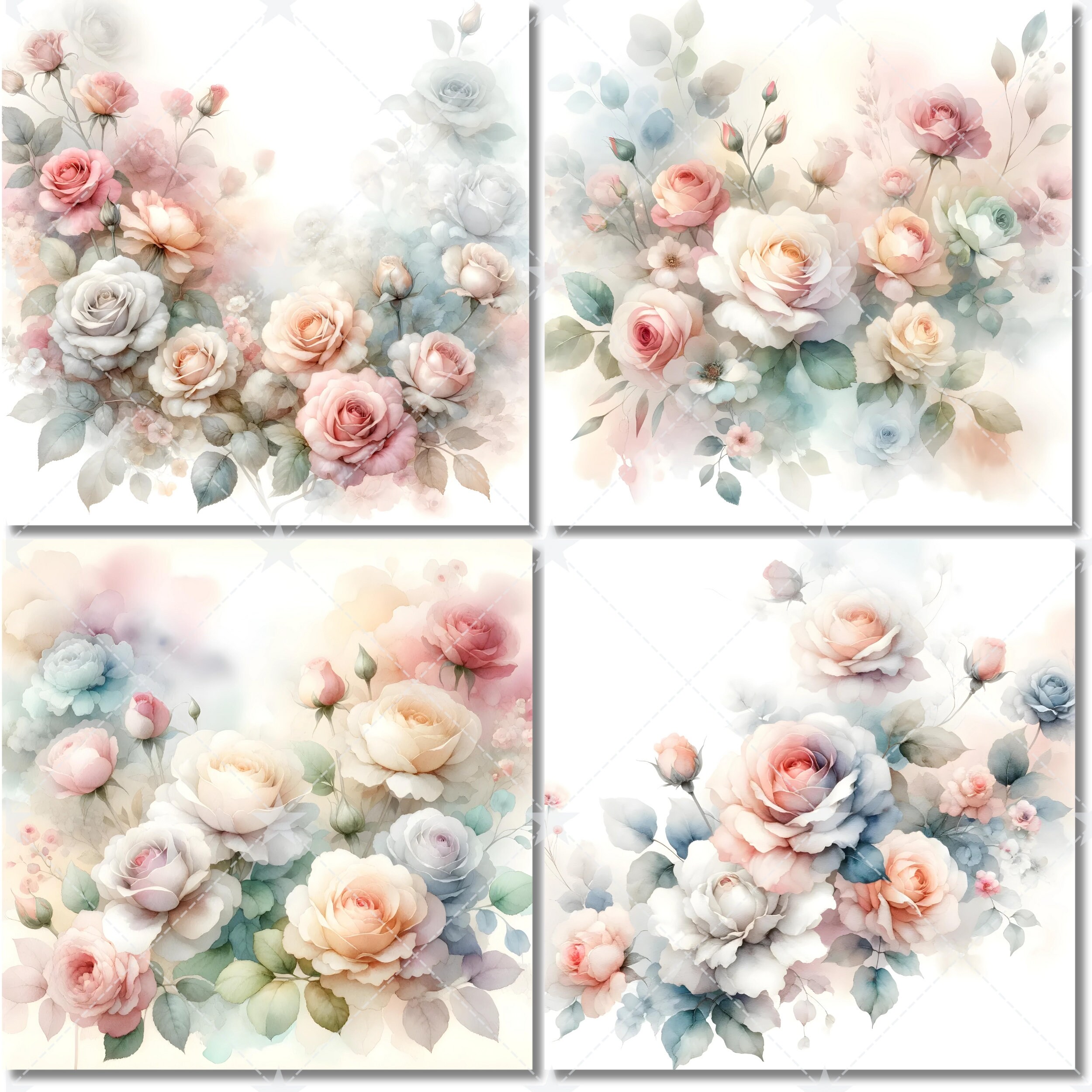 Watercolor Soft Roses Digital Paper Pack, Pastel Roses Clipart ...