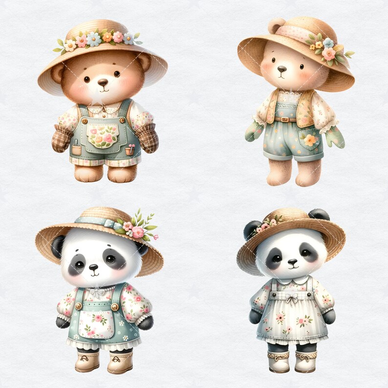 Watercolor Spring Garden Cute Animals Clipart, Bear Cat Mouse Panda ...