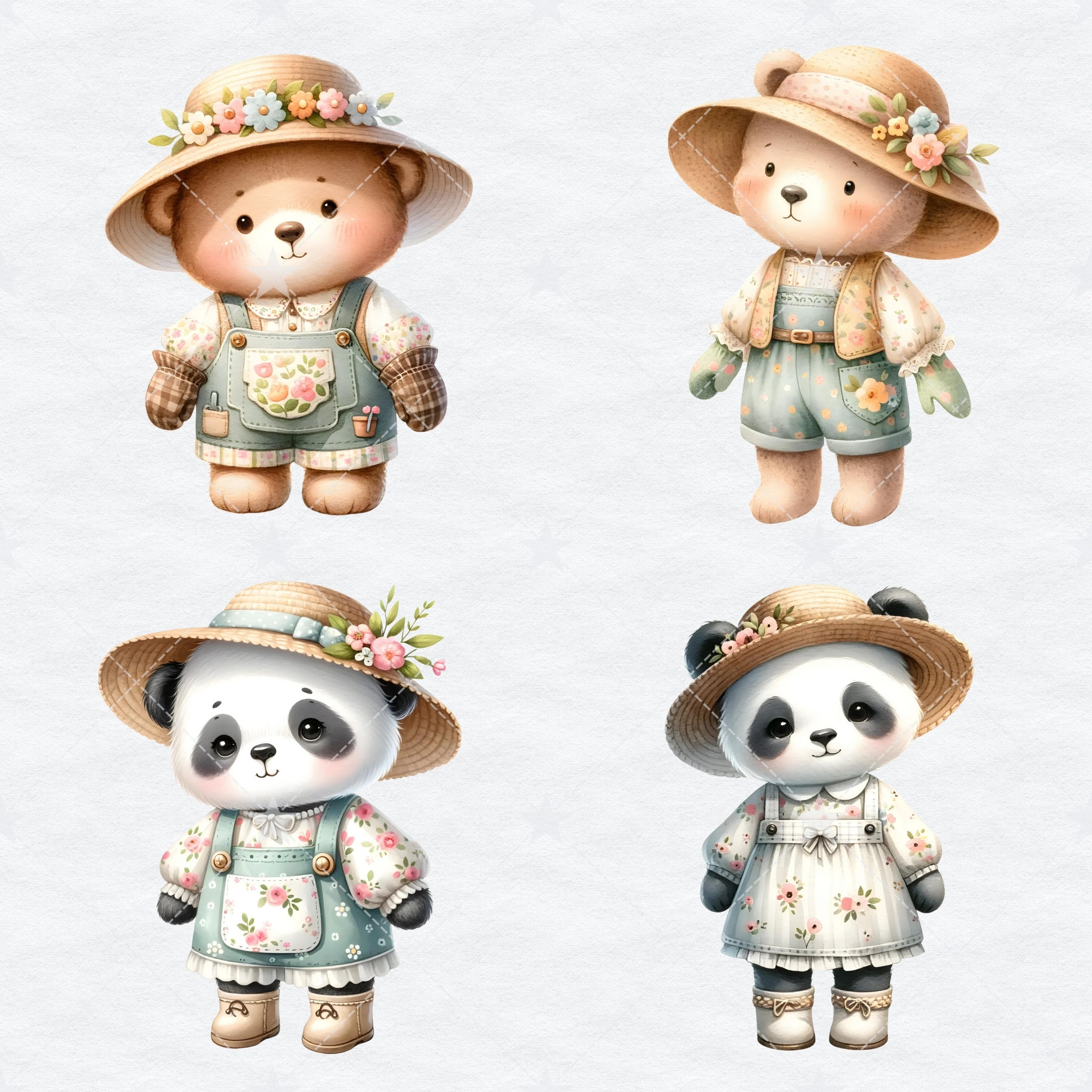 Watercolor Spring Garden Cute Animals Clipart, Bear Cat Mouse Panda ...