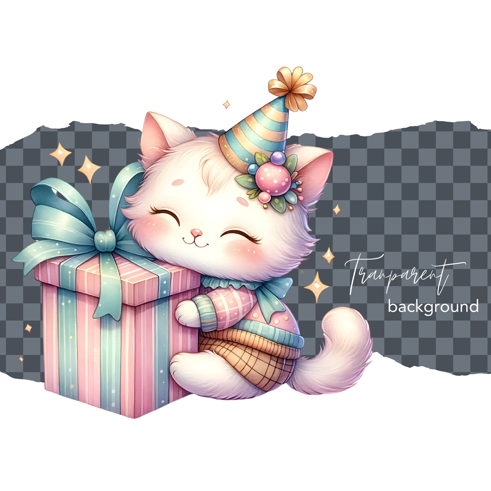Birthday Cat Lover Gift Clipart, Cute Cat With Party Hat and Gift PNG ...