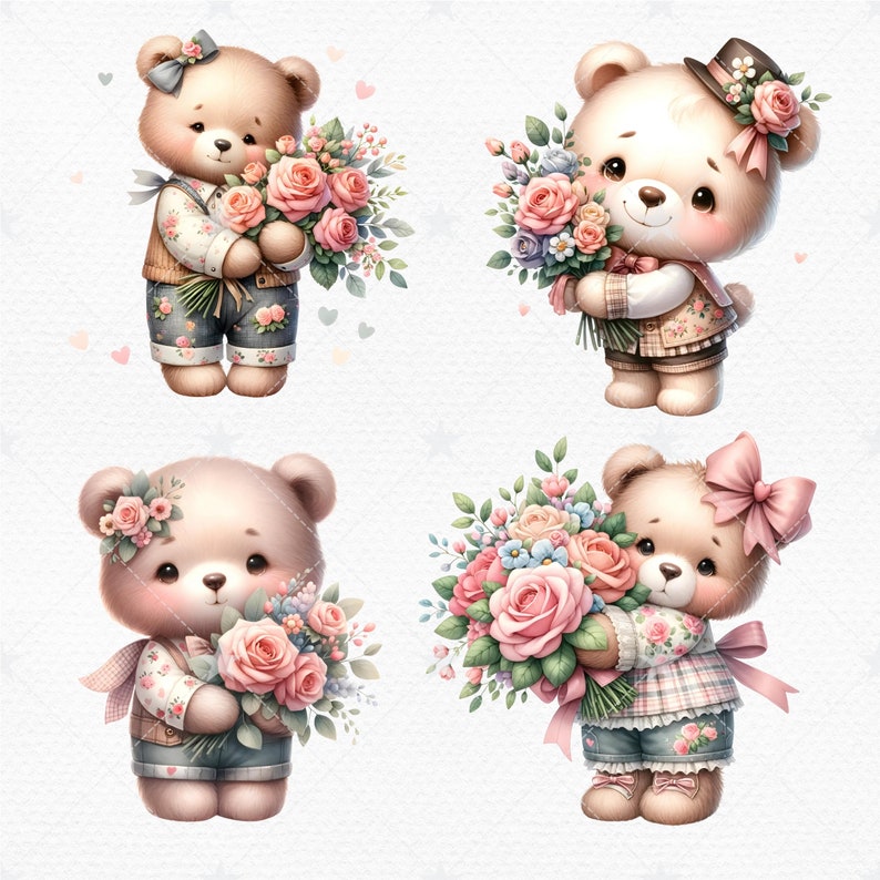 Watercolor Bear and Rose Flowers, Cute Bear Clipart, Floral Animal ...