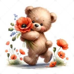 Watercolor Bear and Poppy Flowers Clipart, Cute Bear With Flower ...