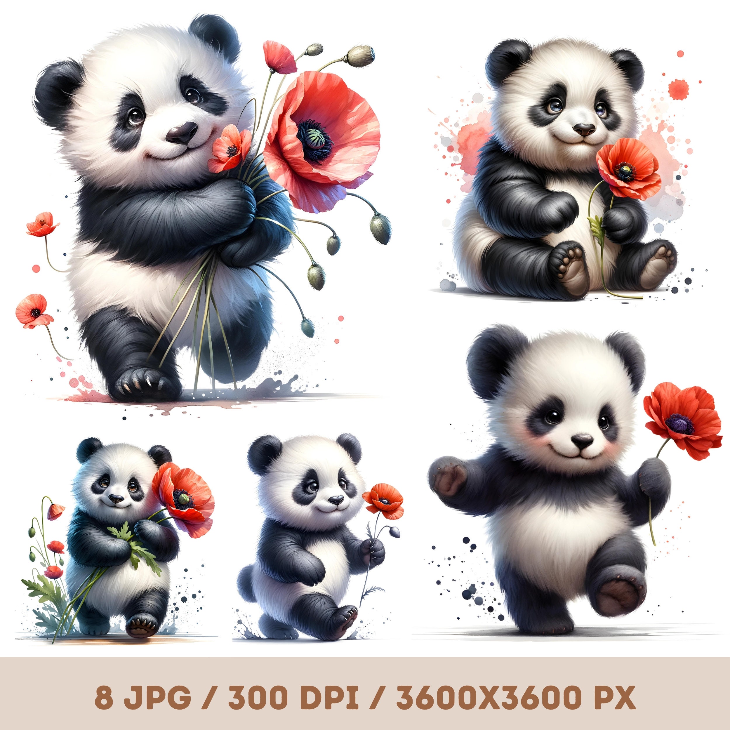Watercolor Panda and Poppy Flowers Clipart, Cute Panda With Flower ...