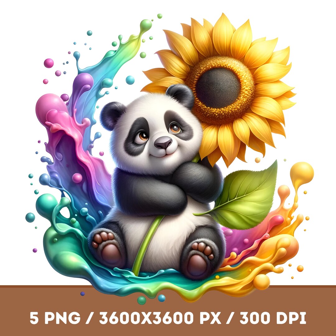 Watercolor Cute Panda With Sunflower PNG Clipart, Panda Bear and Floral ...