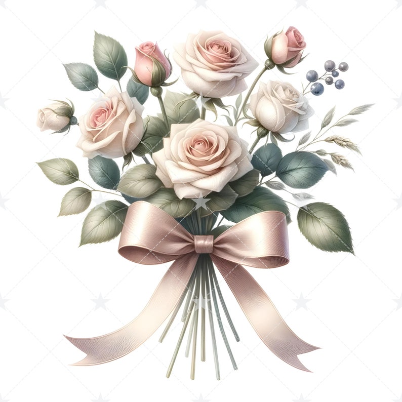 Watercolor White and Pink Roses Bouquet Clipart, 10 JPG Images, Flowers ...