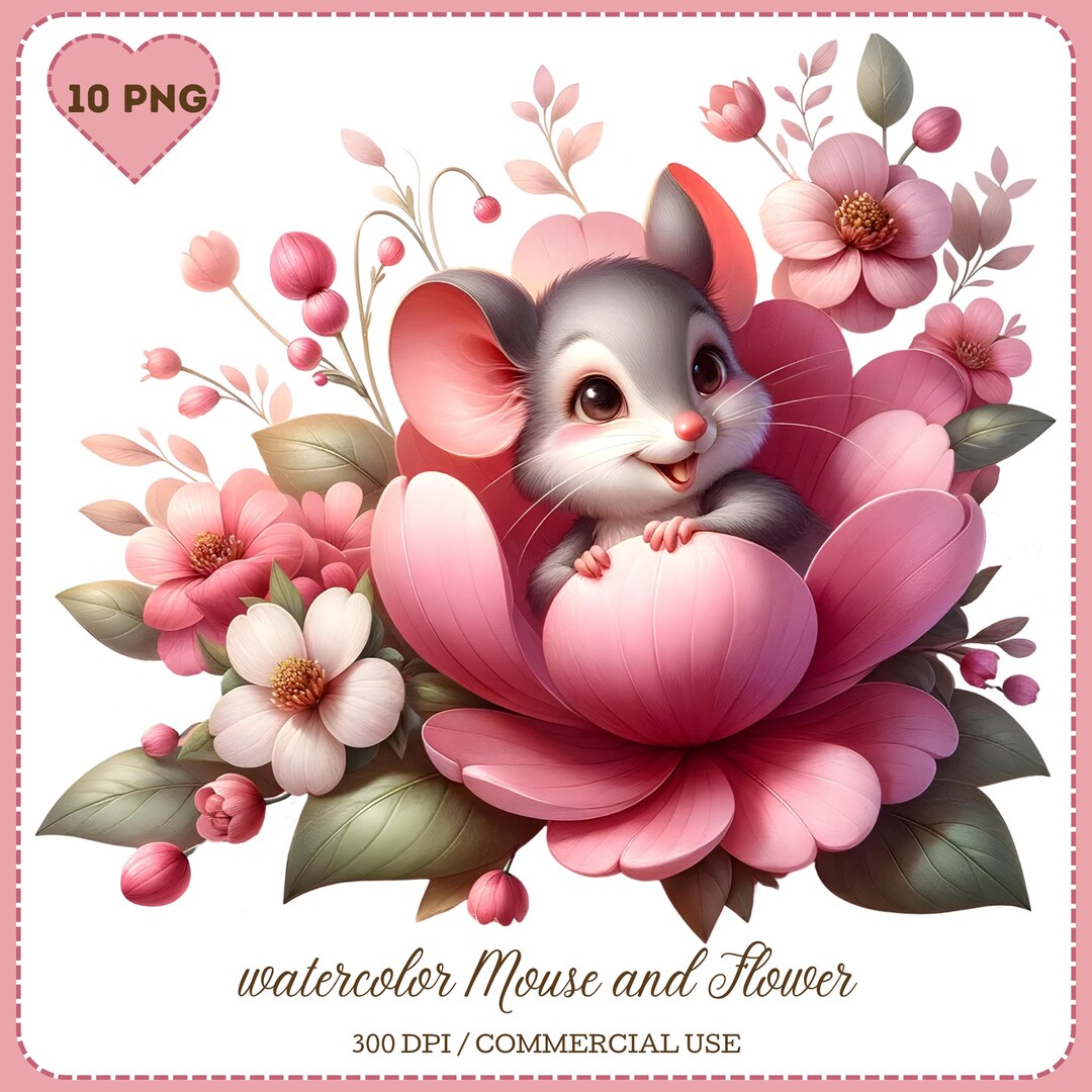 Mouse and Flower Set, Cute Digital Mouse Clipart, Floral Animal PNG ...