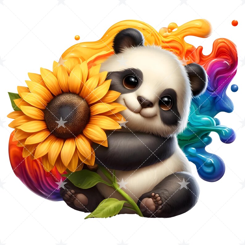 Watercolor Cute Panda With Sunflower PNG Clipart, Panda Bear and Floral ...