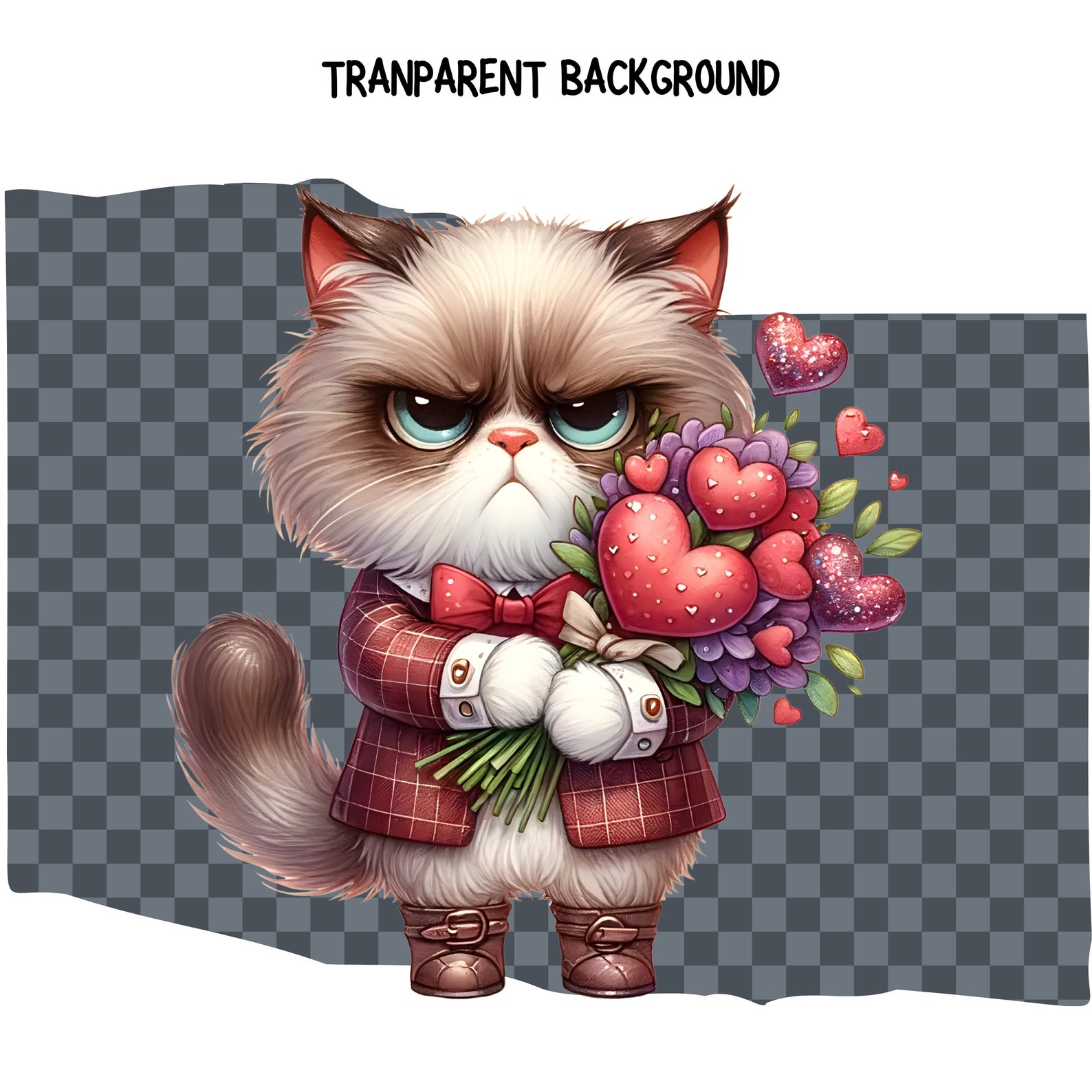 Grumpy Cat With Hearts Clipart, Watercolor Cute Cat, Valentines Day ...