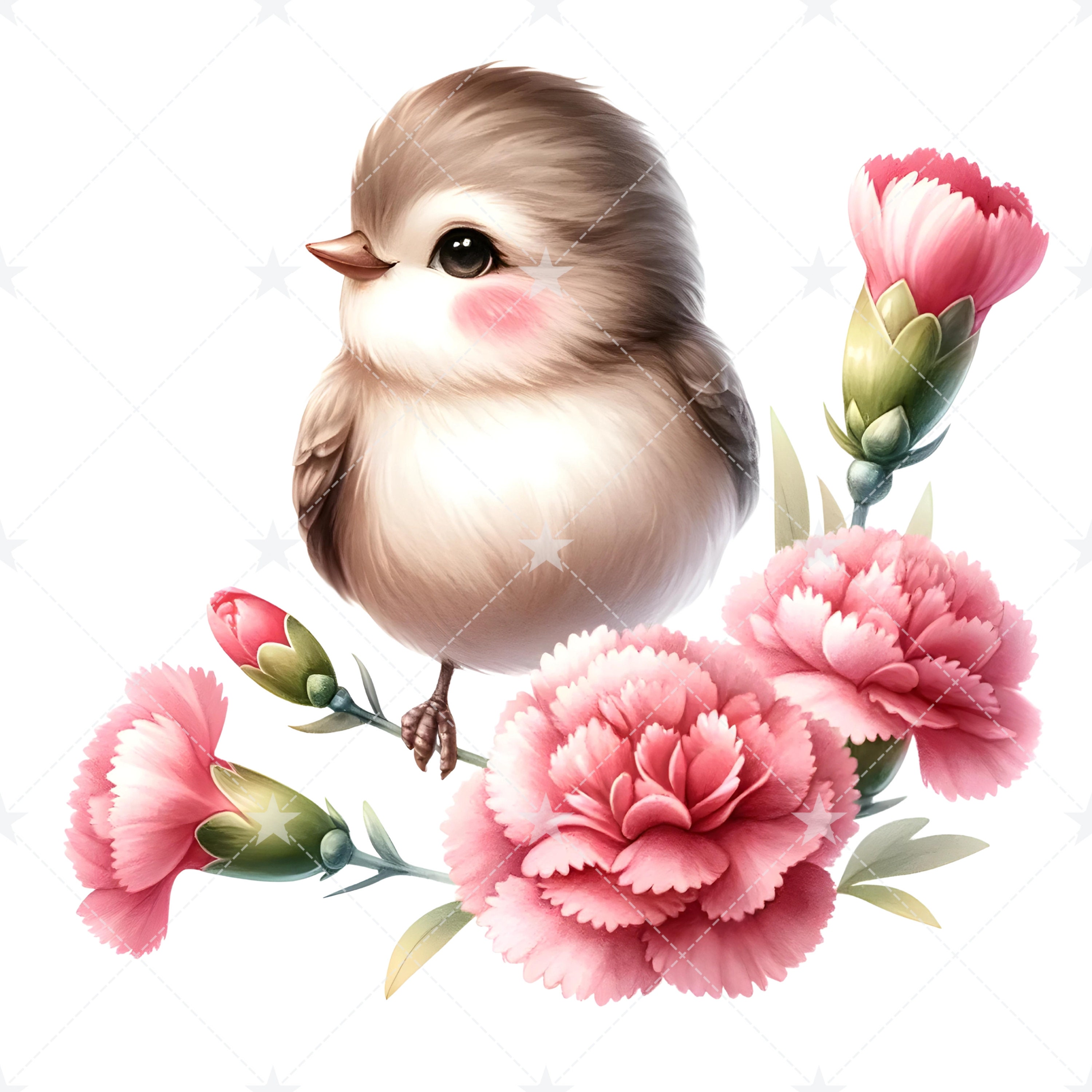 Watercolor Carnation Bird Clipart Set, Pink Floral Digital PNG, Bird ...
